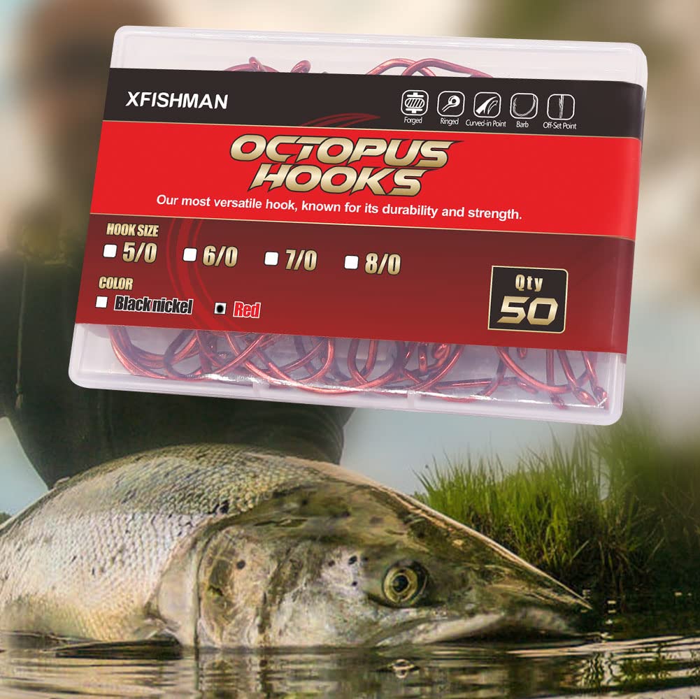Octopus-Hook-Fishing-Beak-Circle-Hooks-Freshwater-Red-Black-100-50 Pack (1-Red, 7/0 50-Pack)
