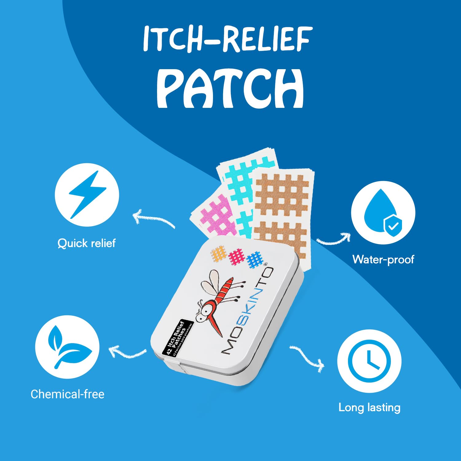 Moskinto, The Original, Itch-Relief Patch, Mosquito Bite Patches for Kids & Adults, Instant Relief Natural & Colorful Stickers to Reduce After-Bite Itching, Family Pack, 42 Count