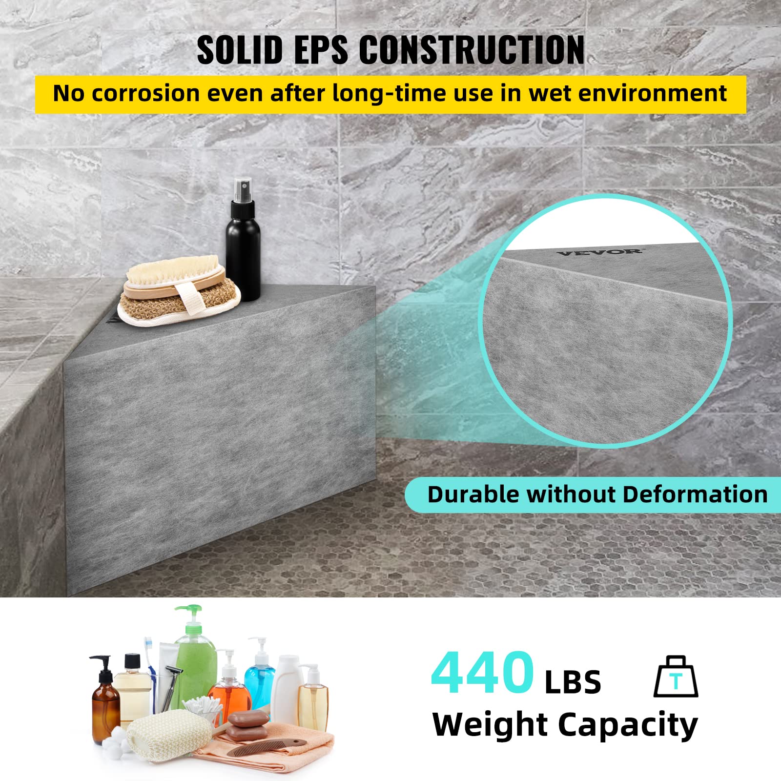 VEVOR Ready to Tile Shower Seat, 22.4" x 16" x 20" corner shower bench, Factory Waterproof & 100% Leak Proof Tileable Shower Corner Seat, 440lbs Load-Bearing Triangular Board Shower Bench, Grey