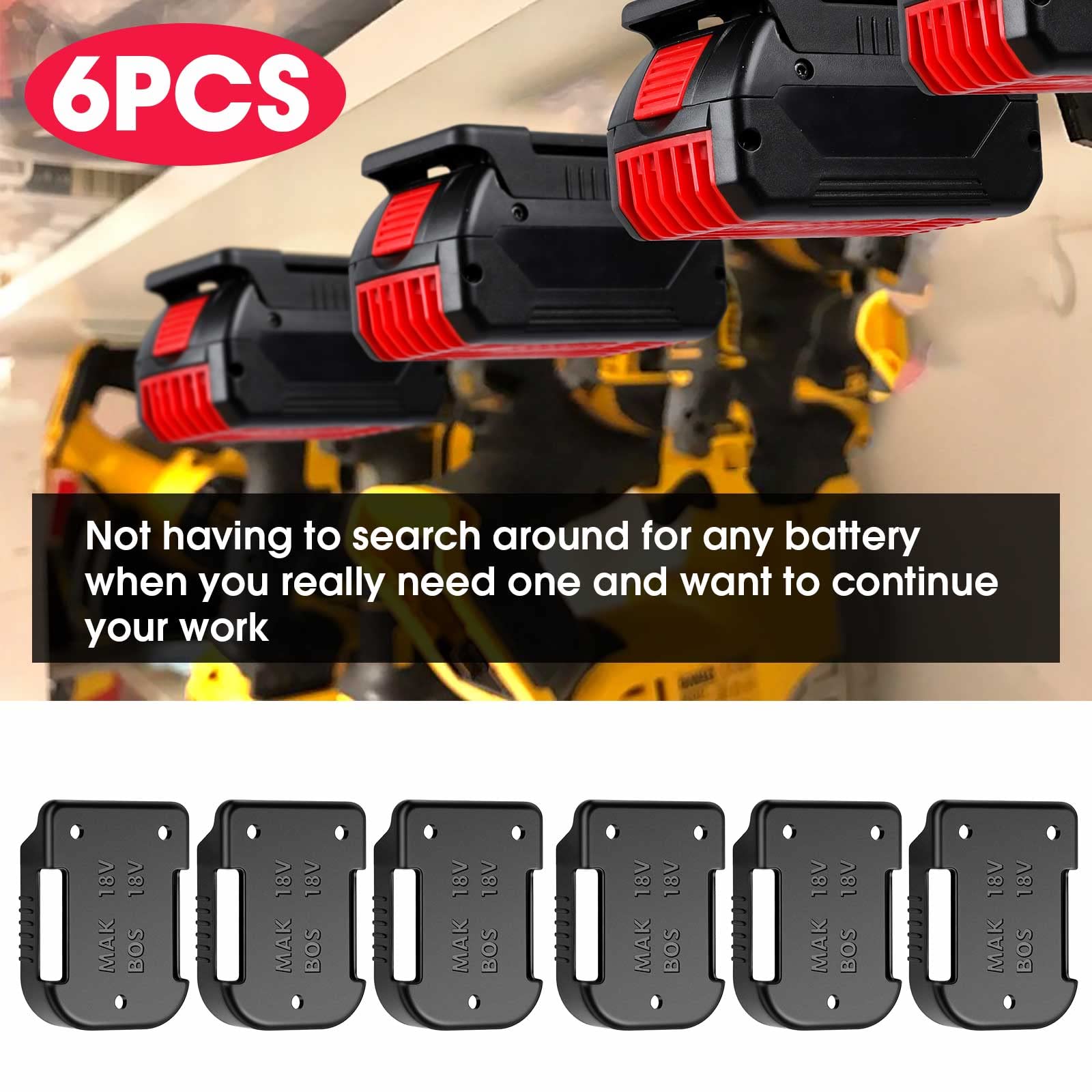 Set of 6 Battery Mounts Holder Battery Wall Mount Holder Panel Mount Battery Holder for Makita & for Bosch 18V Battery Mounts Hanger Dock Holder