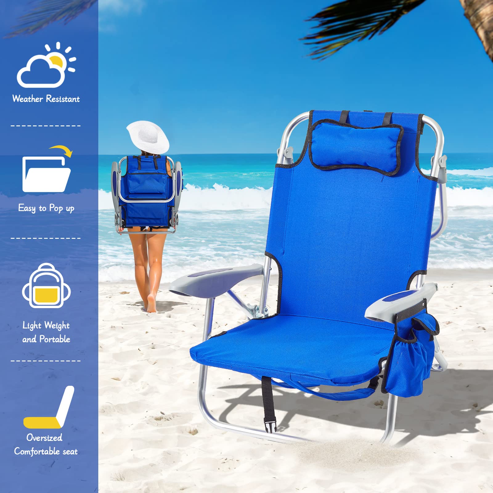 ROWHY Backpack Beach Chair for Adults with Cooler Pouch Portable Lightweight Beach Chair Cup Holder Lay Flat Position and Extra Storage Low Camping Chair Support 300lb, Royal Blue