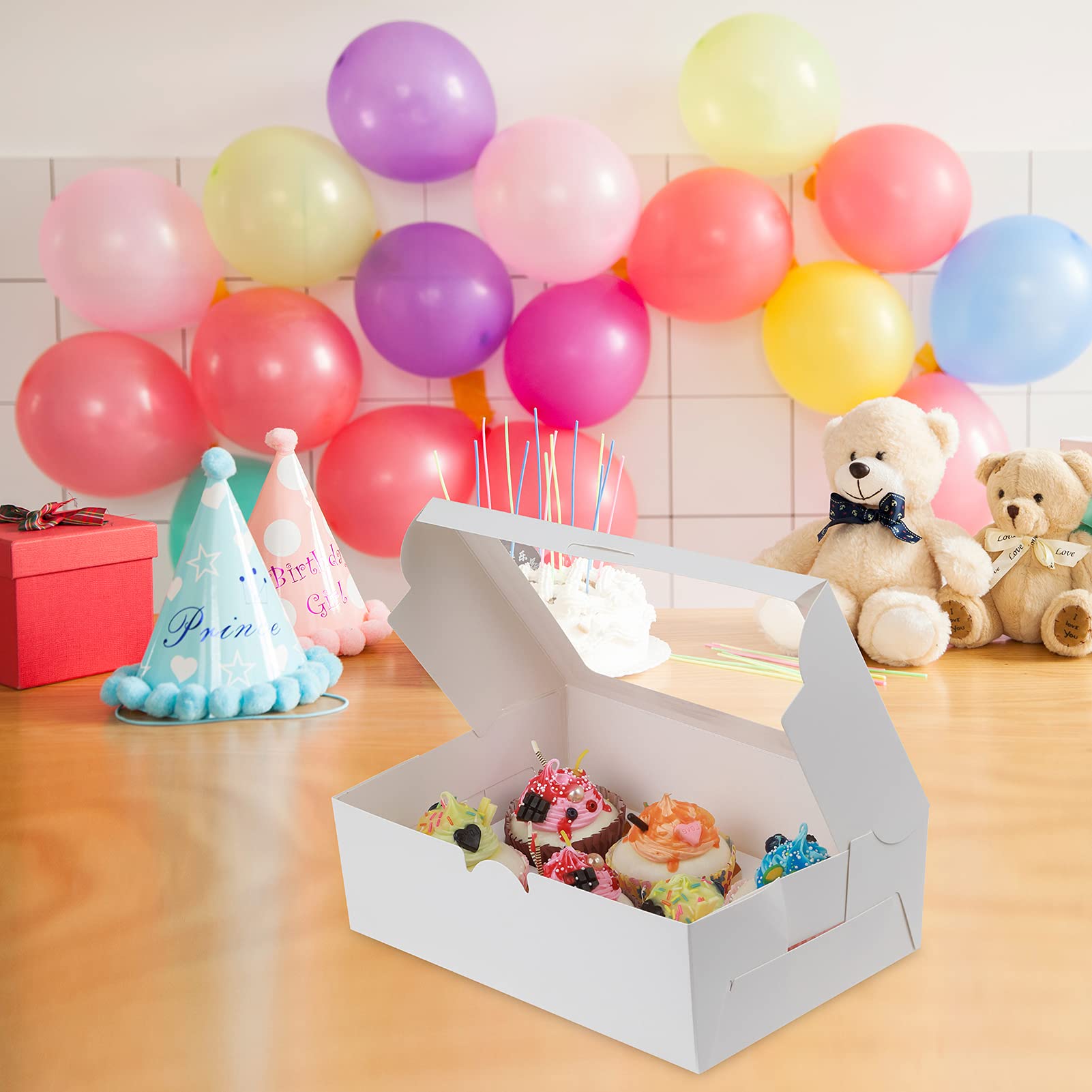 TONGDE Cupcake Boxes 30-Set with Inserts and Window Hold 6 Cupcakes, Food Grade Kraft Bakery Cake Boxes Pastry Holder with Ribbon for Cookie Mini Cake (White)