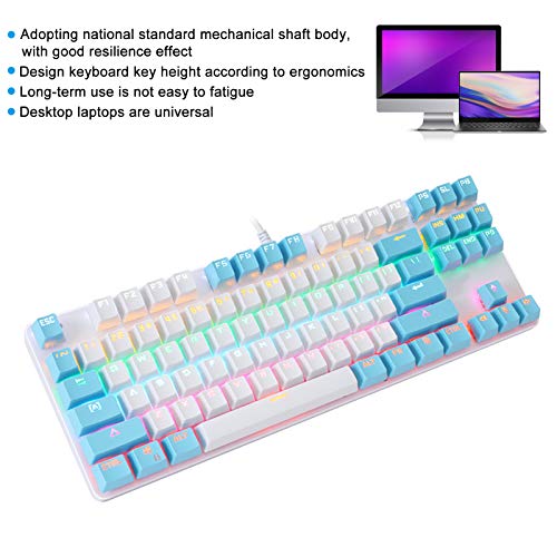 Zyyini Bindpo Mechanical Keyboard, 87-Keys Computer Gaming Keyboard with Color Mixed Backlight, USB Wired Keyboard for Desktop ComputerLaptopOffice, Plug and Play (White Blue)