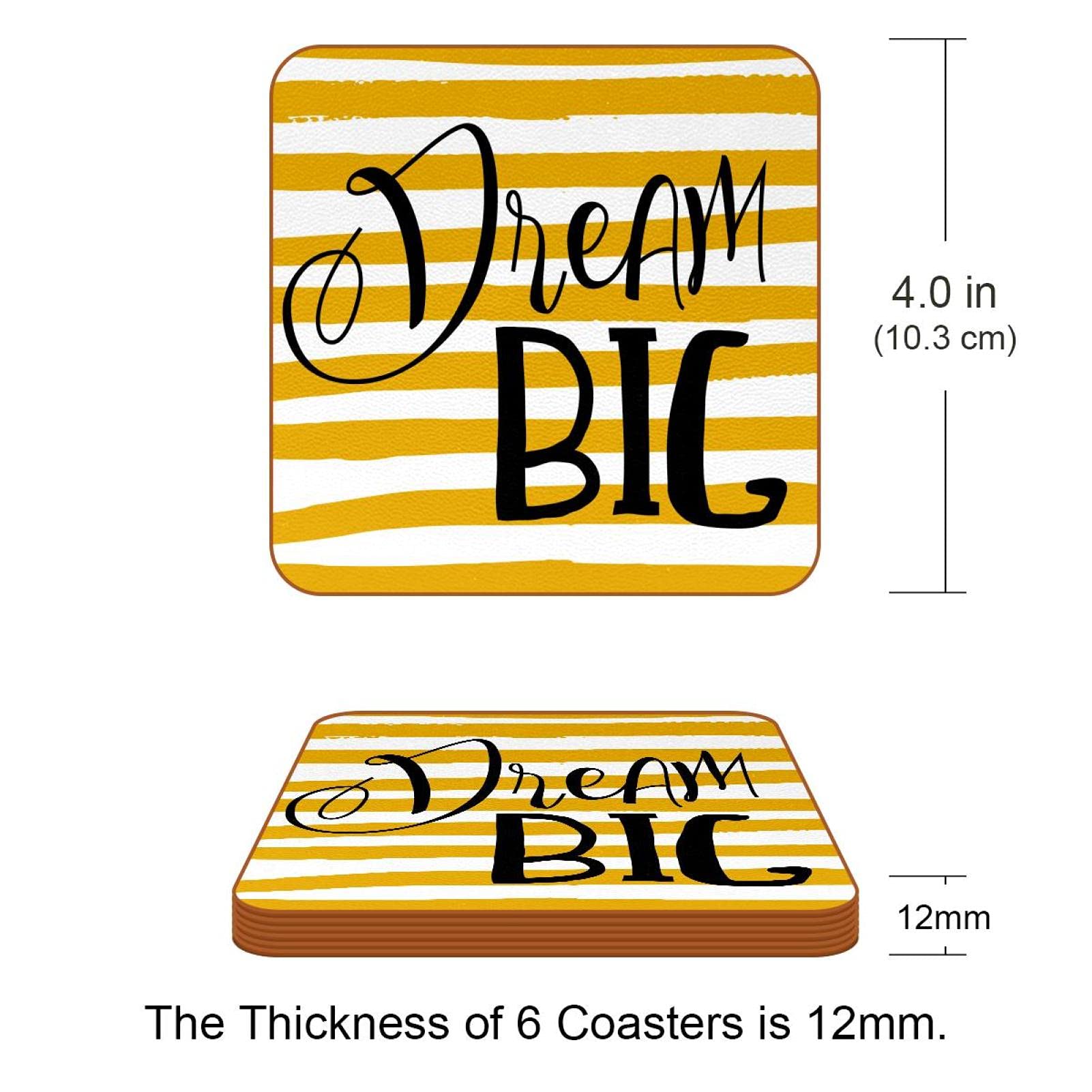 Set of 6 Pieces Coasters for Drink,Stripe Quote Dream Big Square Cup Pad Mat for Insulation Heat Protect and Decor Furniture