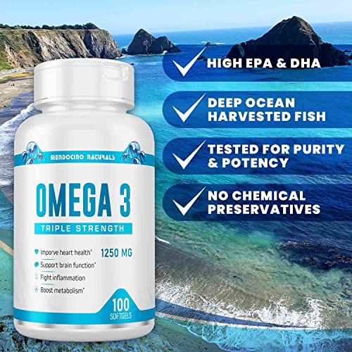 Mendocino Naturals Omega 3 Triple Strength - 1250 mg - Natural Flavor - 100 Softgels, White
