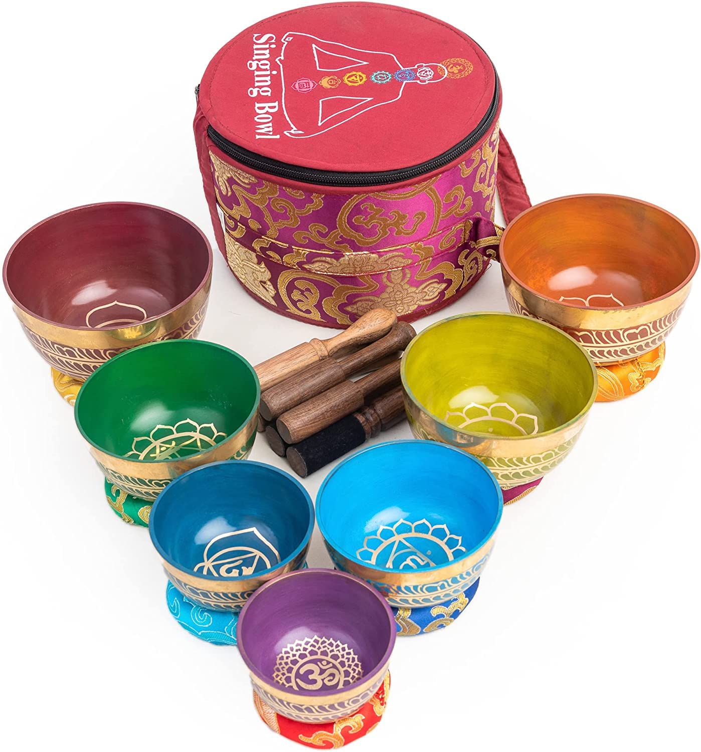 Tibetan Singing Bowls Set Of 7 Color for Meditation Mindfulness with Carry Box by Himalayan Bazaar
