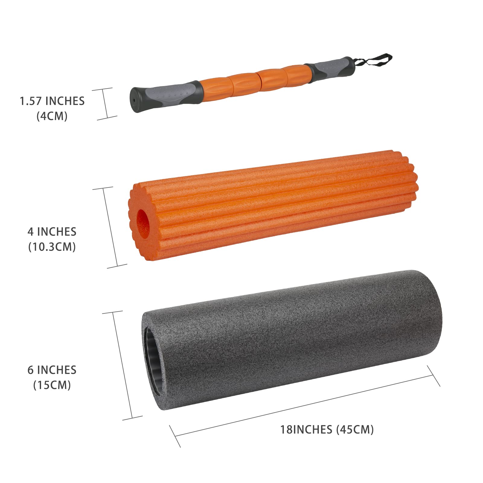 RAINYEAR Foam Roller Set 3 in 1 with Massage Stick for Back Legs Pain Relief, 18 Inch Deep Tissue Muscle Massager for Physical Therapy, Pilates, Yoga, Stretching, Balance & Core Exercises