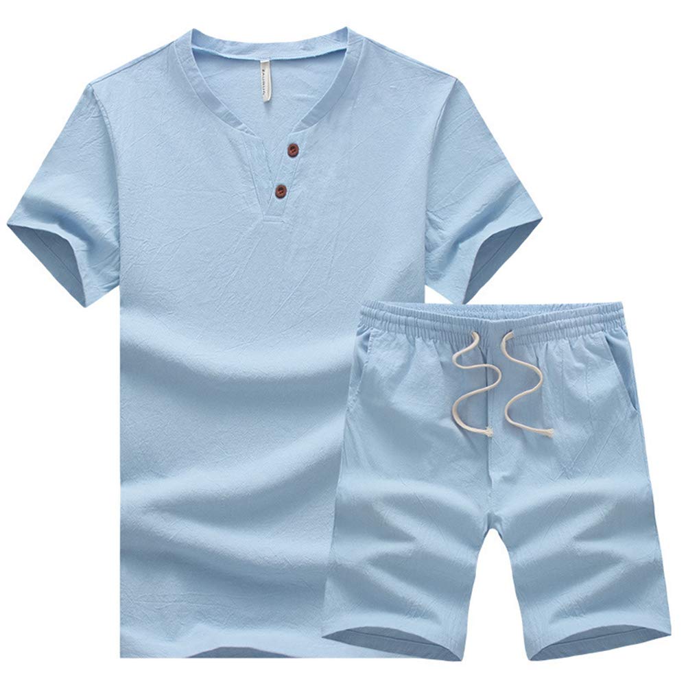 MANTORS Men's Linen tracksuit 2 Pieces Summer Beach Sets for Short Sleeve Shirt and Shorts Suit 17Light Blue-L