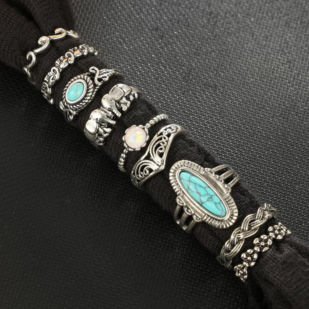 Octwine 9Pcs Bohemian Statement Knuckle Silver Rings Set Turquoise Finger Ring Elephant Midi Vintage Rings Punk Leaf Ring for Women