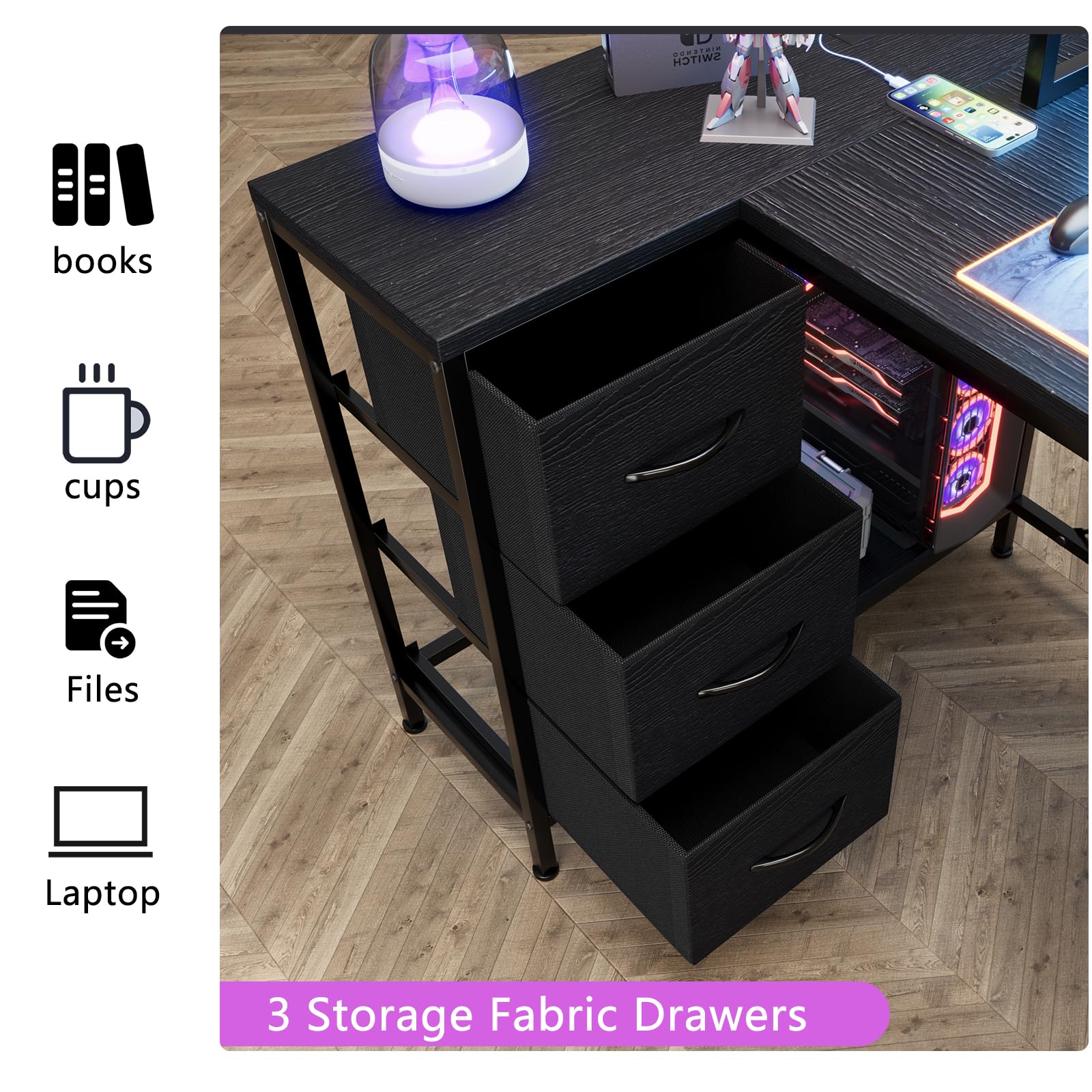 LIVEHOM L Shaped Desk with Power Outlets & LED Lights, Computer Desk with Drawers & Shelves, Corner Desk Gaming Desk Home Office Desk