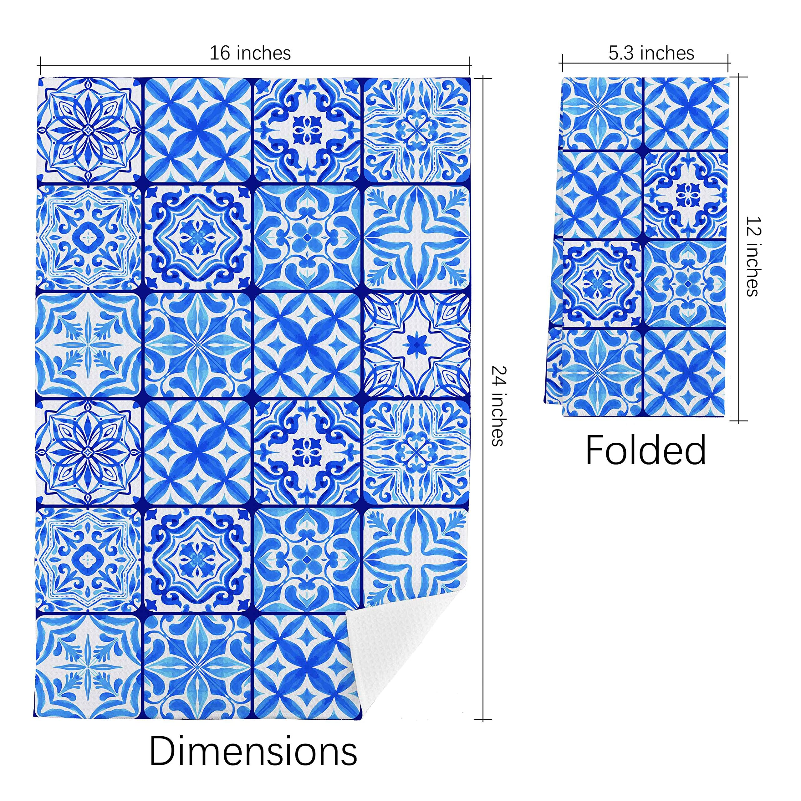 QIYUHOY Abstract Bohemian Navy Blue Moroccan Tile Kitchen Towels or Tea Towels, 16 X 24 Inches Cotton Modern Dish Towels Dishcloths, Dish Cloth Flour Sack Hand Towel for Farmhouse Kitchen Decor
