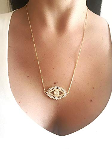 LESLIE BOULES Gold Evil Eye Necklace 18K Gold Plated Sliding Adjustable Chain Choker Jewelry