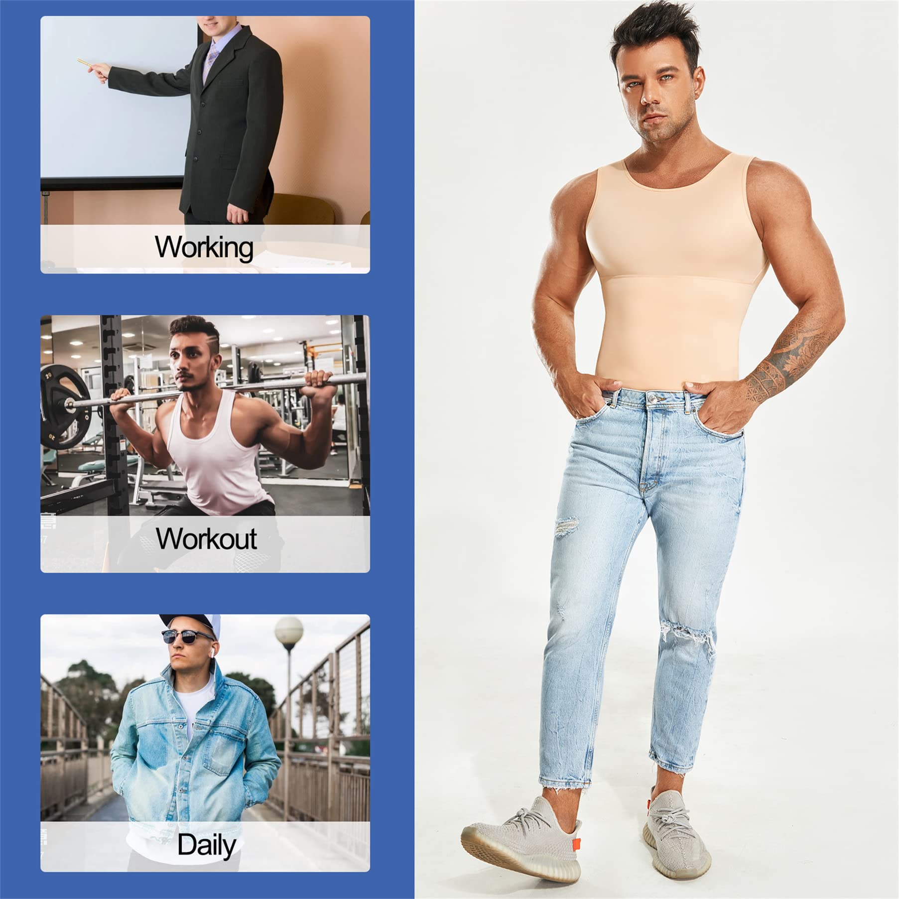 Mens Compression Shirt Slimming Body Shaper Vest Workout Tank Tops Abs Abdomen Undershirts (Beige, L)