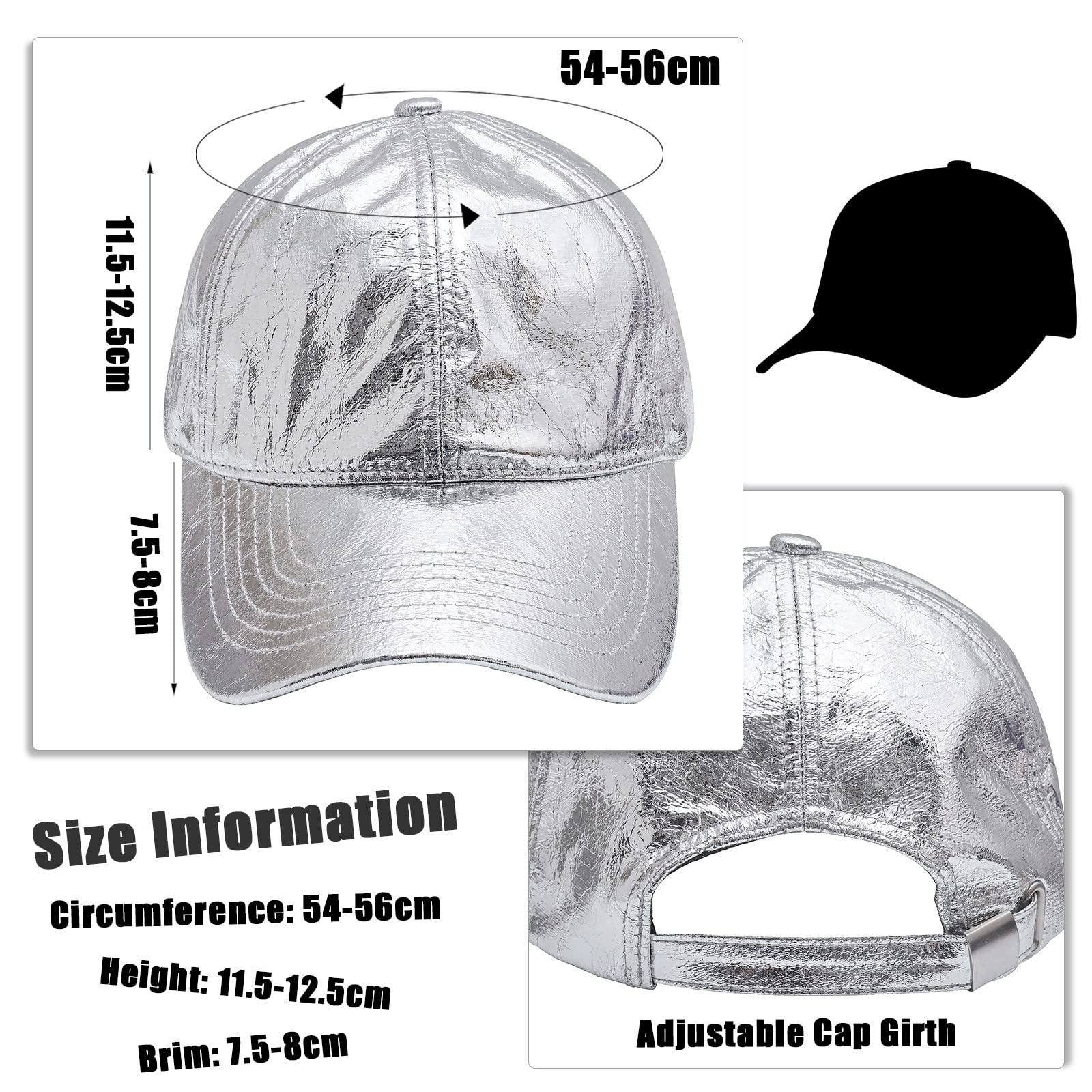 Sportmusies Classic Adjustable Baseball Cap, Crinkled Shiny Baseball Caps, Men Women Sport Visitor Hat, Sun Protection Hats, Silver