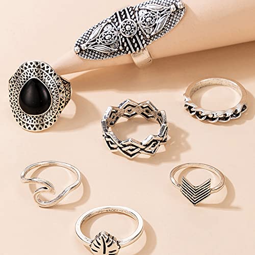 Octwine Boho Silver Leaf Knuckle Open Ring Set Vintage Stackable Black Midi Finger Rings Set Stacking Ring Jewelry for Women Girls 7Pcs