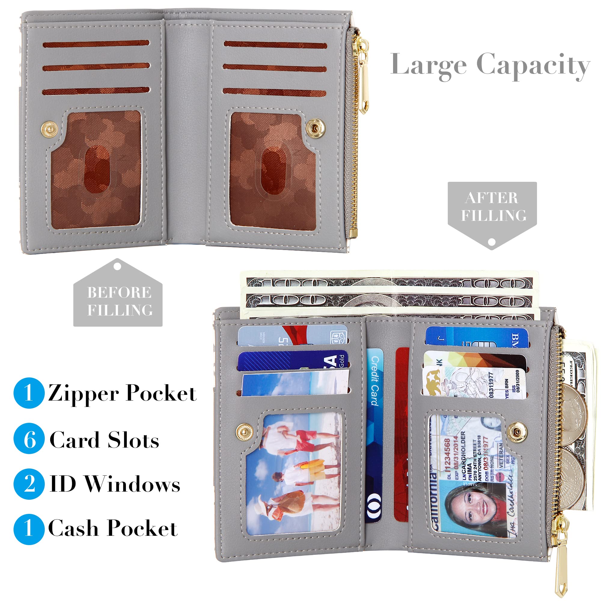 VOCUS Small Wallet for Women Bifold Leather Coin Purse Card Holder Wallet with Zipper Coin Pocket ID Window