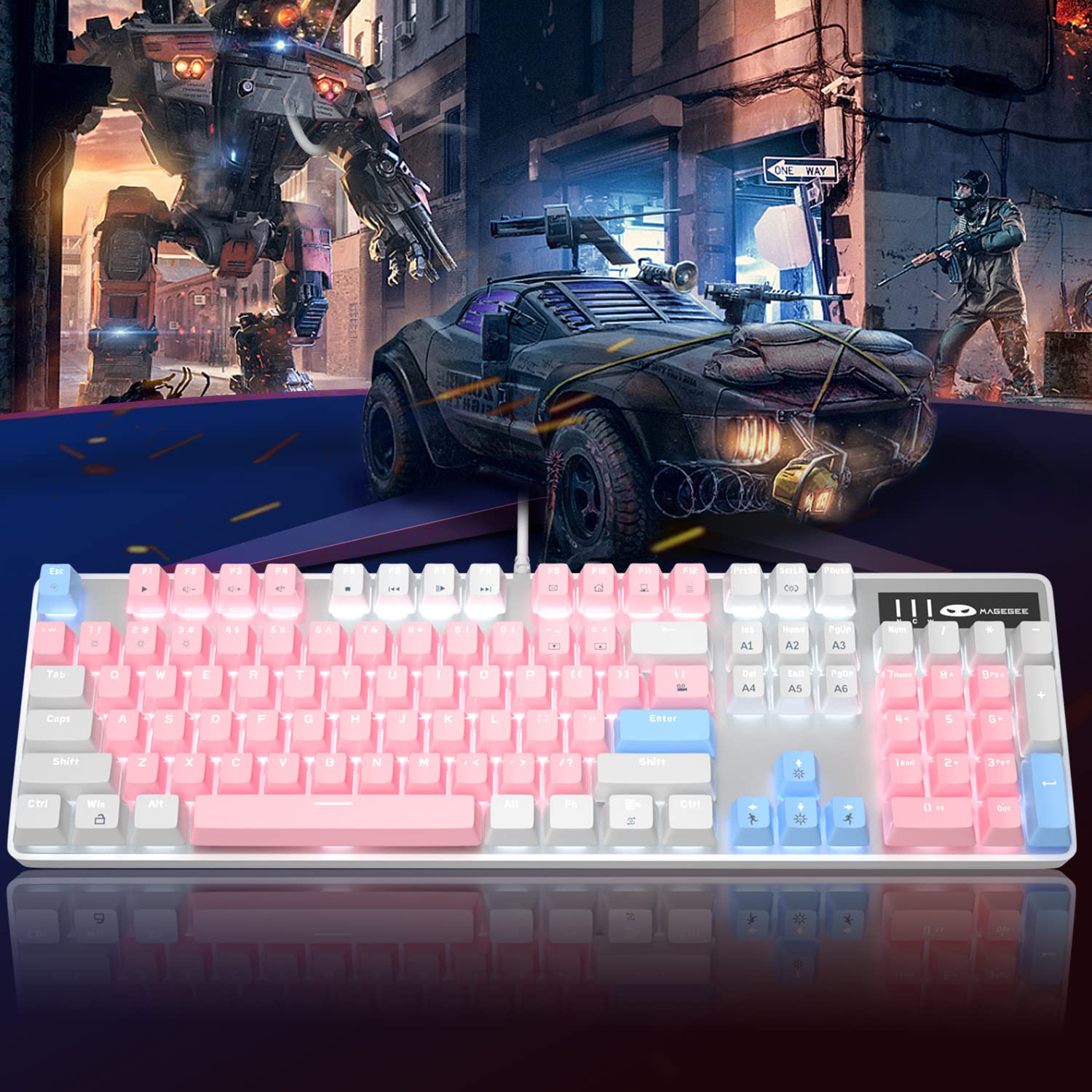 MageGee Mechanical Gaming Keyboard, New Upgraded Blue Switch 104 Keys White Backlit Keyboards, USB Wired Mechanical Computer Keyboard for Laptop, Desktop, PC Gamers(White & Pink)