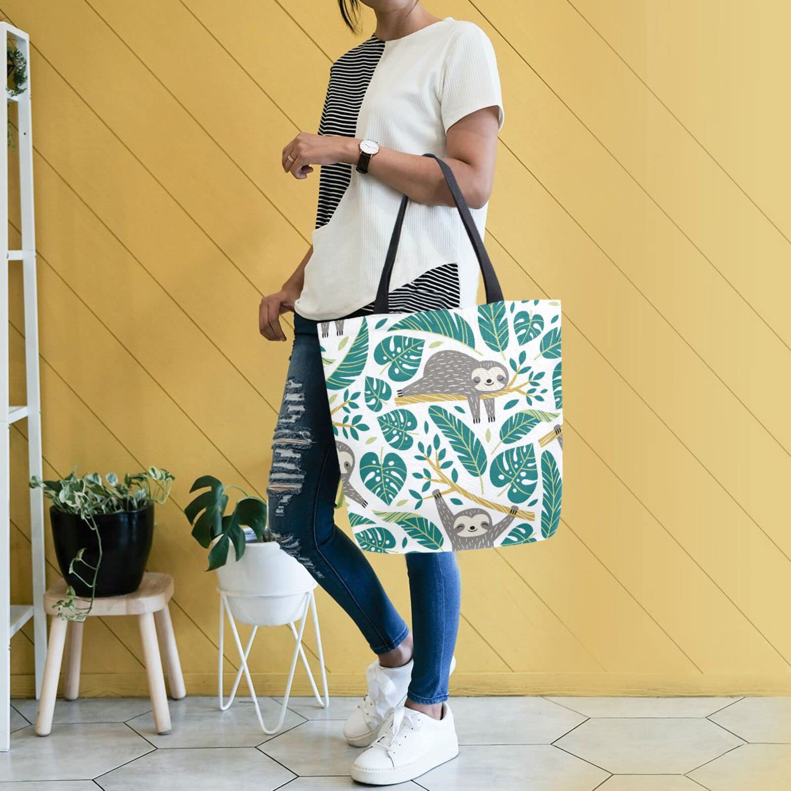 SUABO Cute Sloth Canvas Tote Bag Large Women Reusable Shopping Grocery Bag, Casual Shoulder Bag Handbag for Christmas Mom's Gift