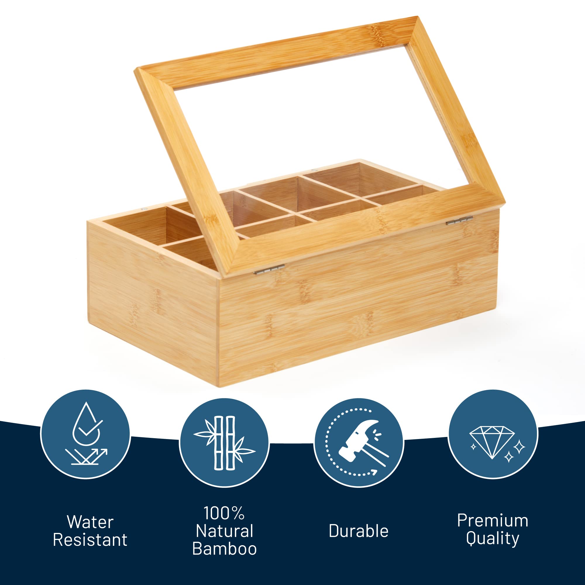 RoyalHouse Big Natural Bamboo Tea Storage Organizer with Clear Acrylic Top Window, 8 Compartments Eco-Friendly Tea Bag Holder, Multi-Functional Storage Box
