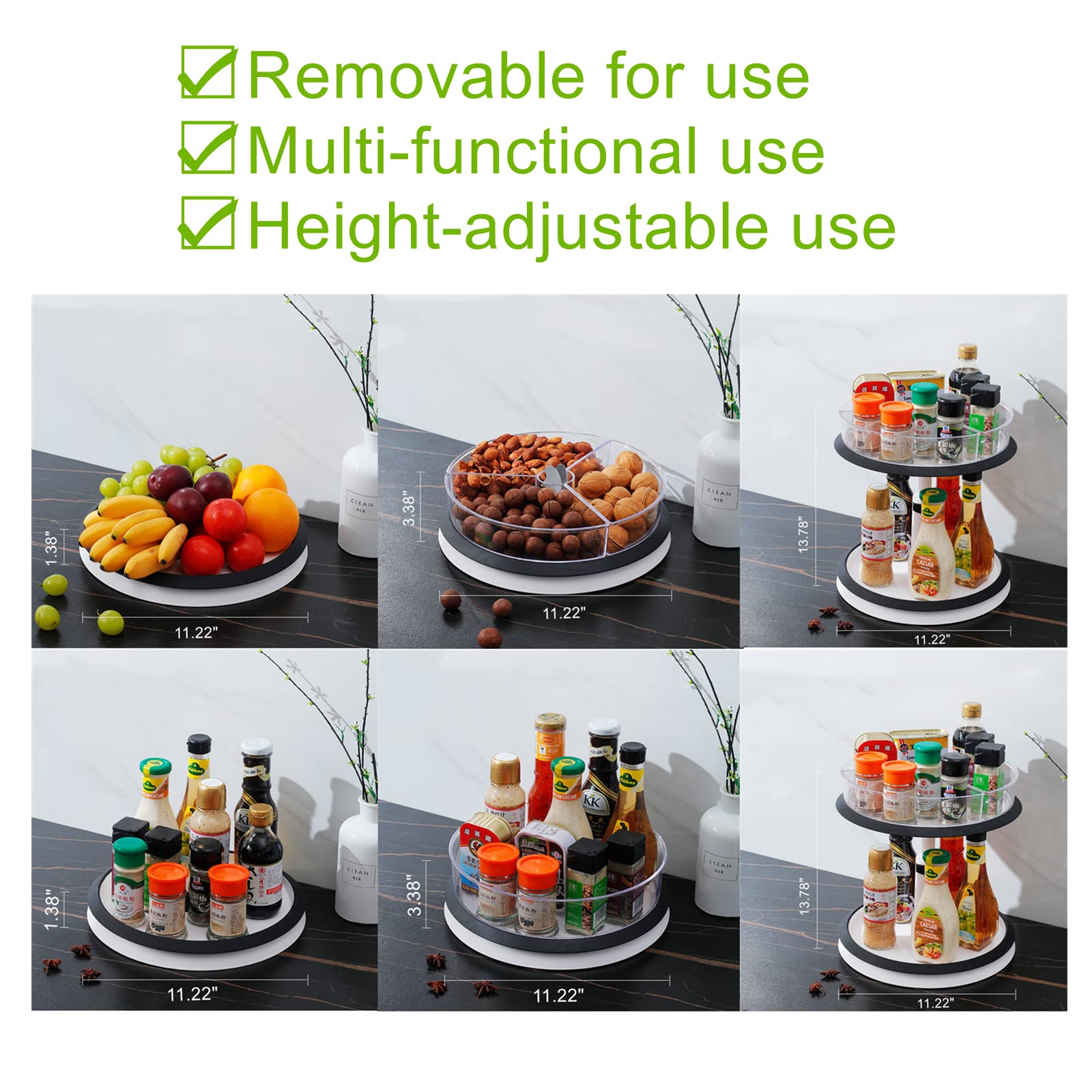 ROYALITA 2 Tier Lazy Susan Organizer for Cabinet, Upgraded 11.5" Clear Lazy Susan Turntable for Table, Detachable 360° Rotating Lazy Susan Spice Storage for Kitchen, Pantry, Refrigerator, Countertop
