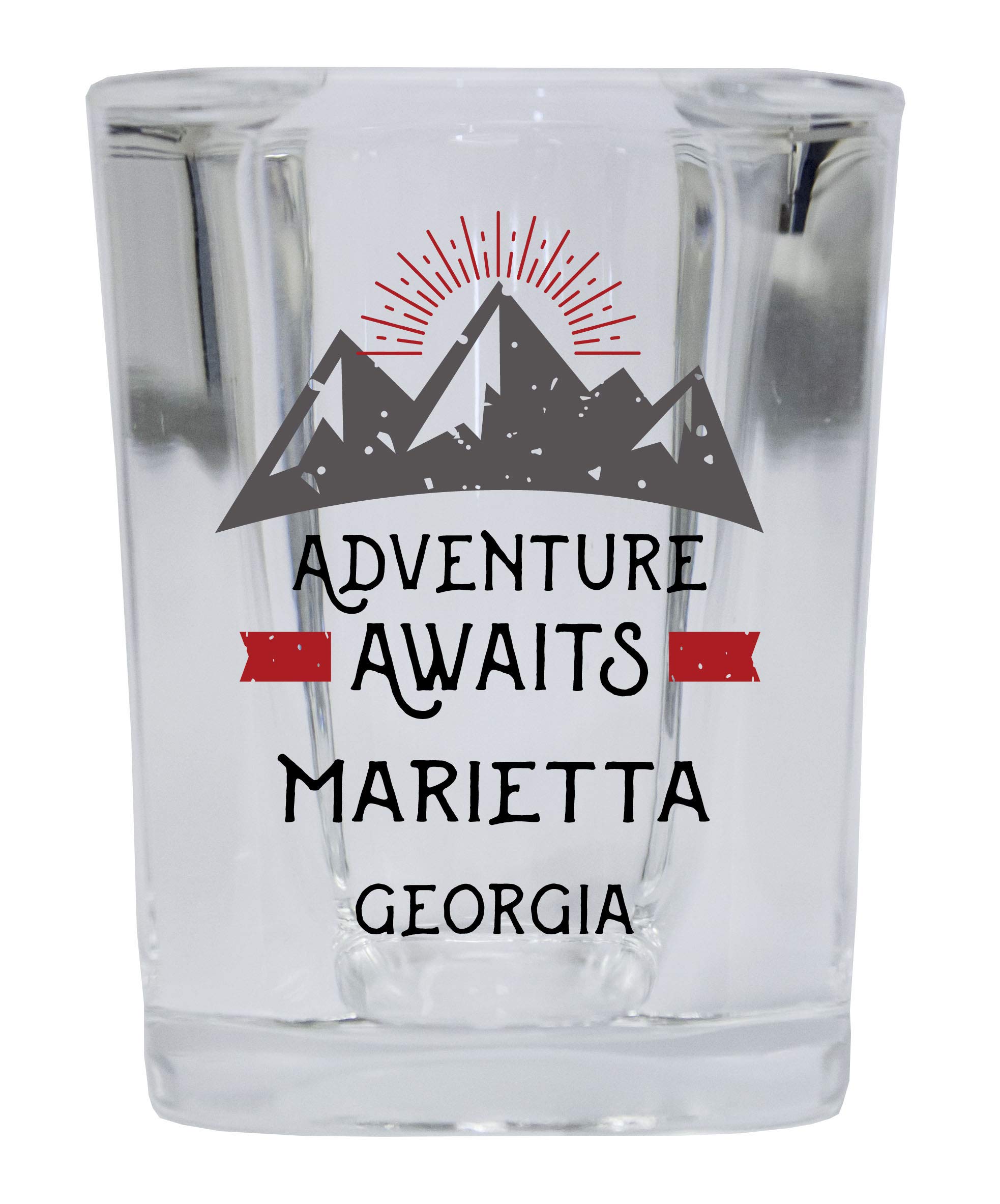 R and R Imports Marietta Georgia Souvenir 2 Ounce Square Base Liquor Shot Glass Adventure Awaits Design