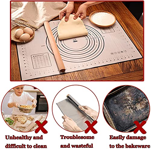 Silicone Baking Mat Set Rolling Pin Non Stick Dough Baking Sheet Pastry Mat Set for Cookie Macaroon Pizza Heat Resistant Non Slip Silicone Food Grade Sheets Mats Reusable Food Safe Liners