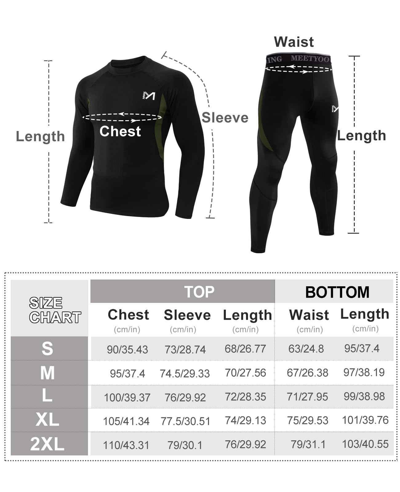 MEETYOO Thermal Underwear, Men's Base Layer,2 Sets Long Johns Lined with Hunting Gear, Black+Black, Small