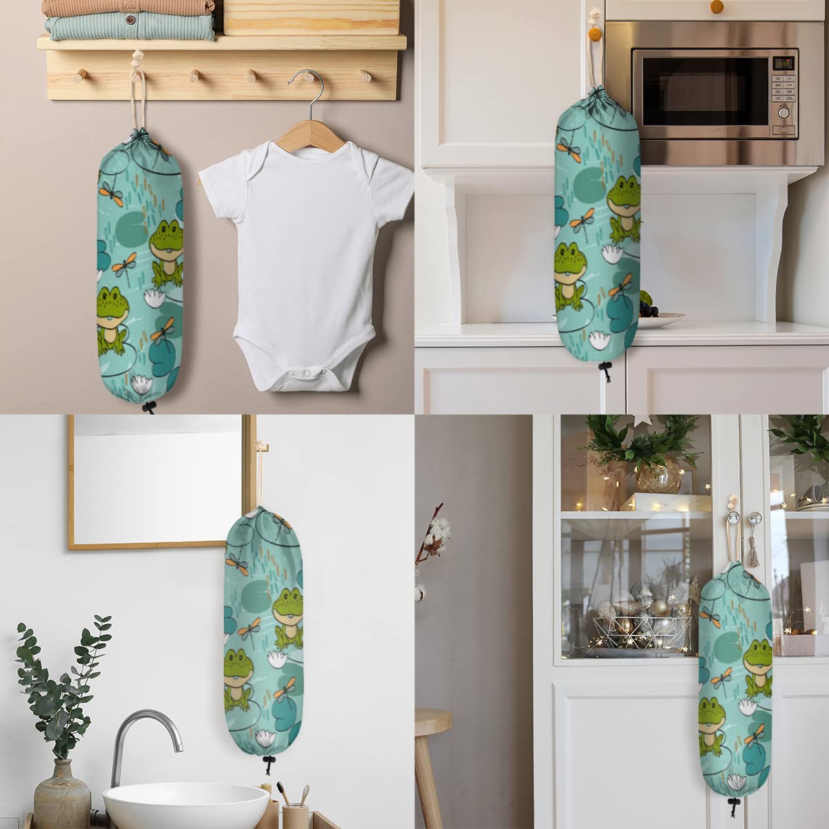 Plastic Bag Holder Cartoon Funny Frog Wall Mount Grocery Bag Organizer Holder Hanging Trash Bag Storage Dispenser for Home Kitchen Pantry Door Organization Decor