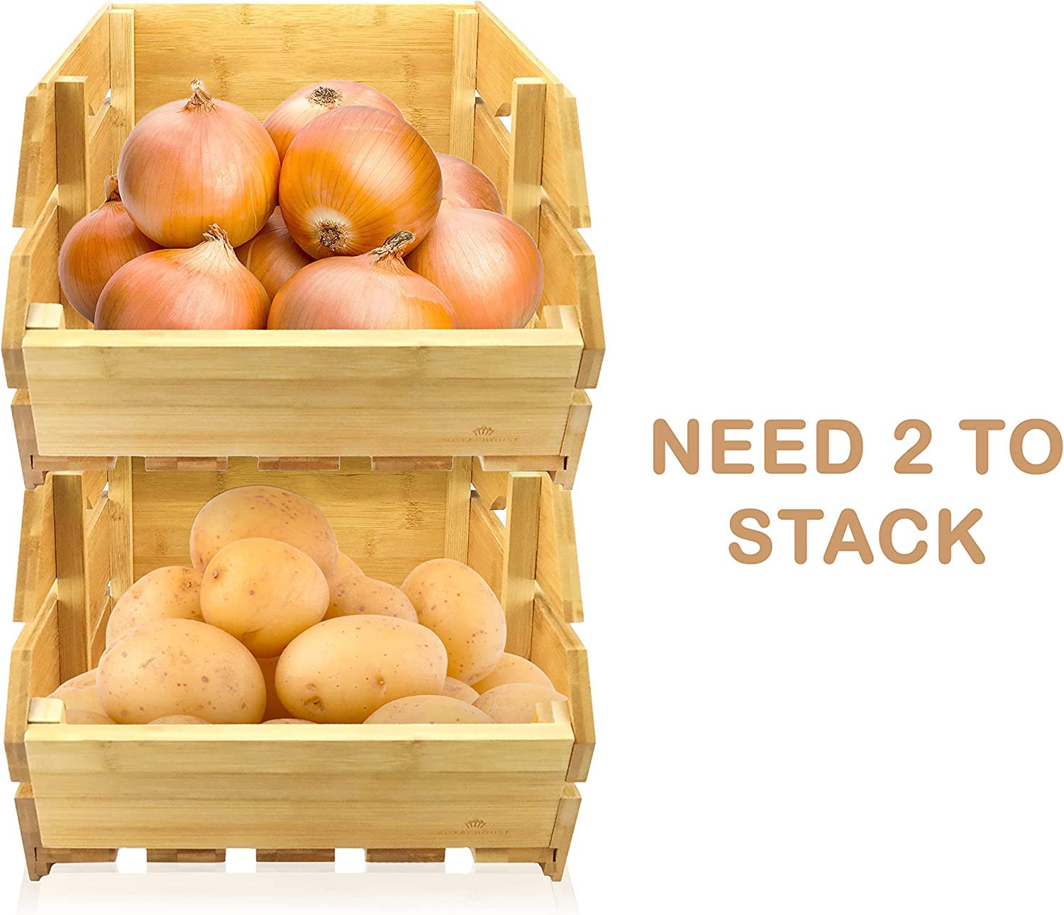 ROYALHOUSE Bamboo Fruit Basket, Stackable Basket, Fruit & Vegetable Storage For Kitchen Countertop, Bamboo Fruit Bowl, Tabletop Fruit Serving Bowl (Pack of 2)