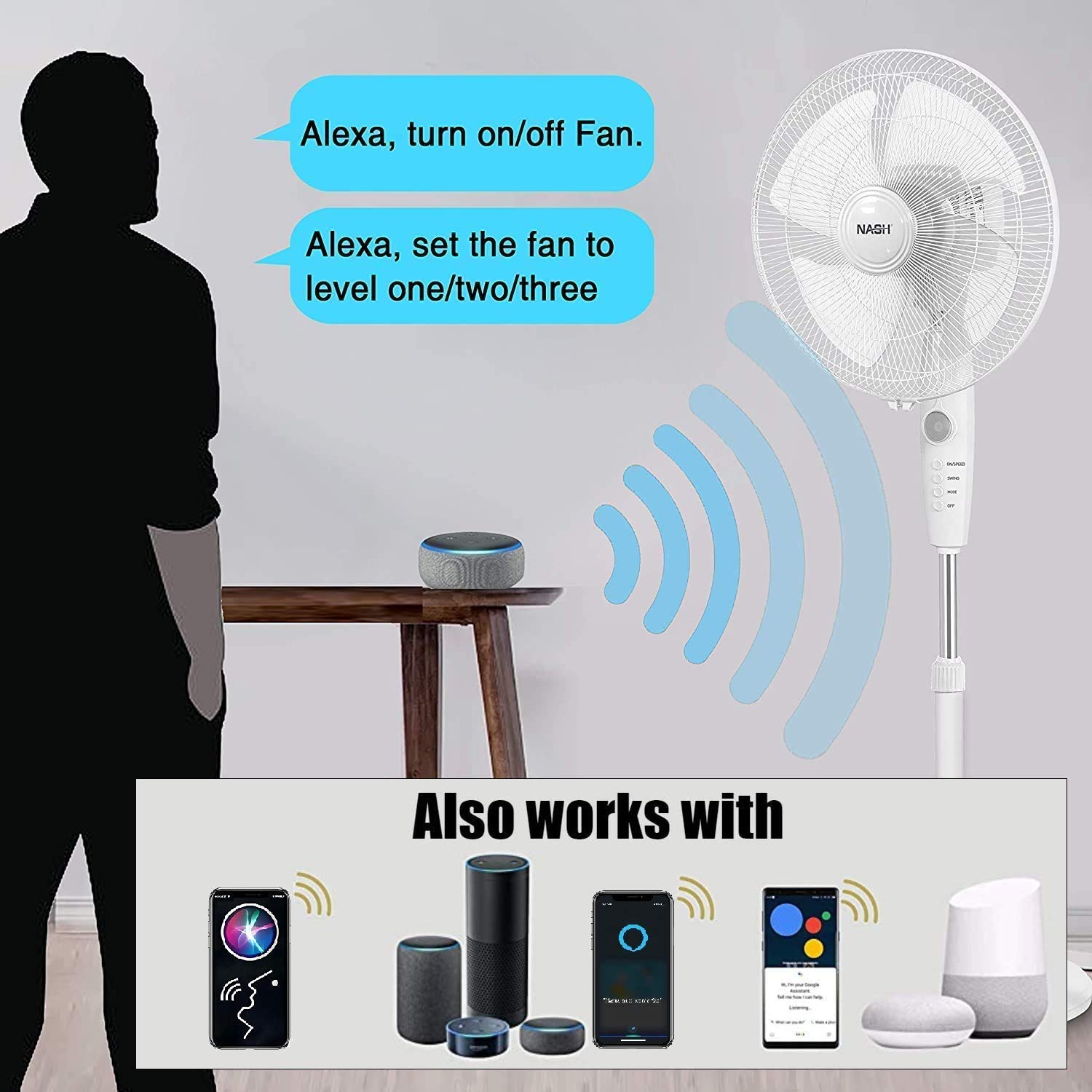 NASH Alexa, Google Home, Siri, WiFi Smart Oscillating Pedestal Fan w/Voice & App Control | 16” Quiet Stand Up Fan, Adjustable Height, WiFi App Programmable for 3 Speeds, 3 Modes, Timer PF-1 CoolSmart