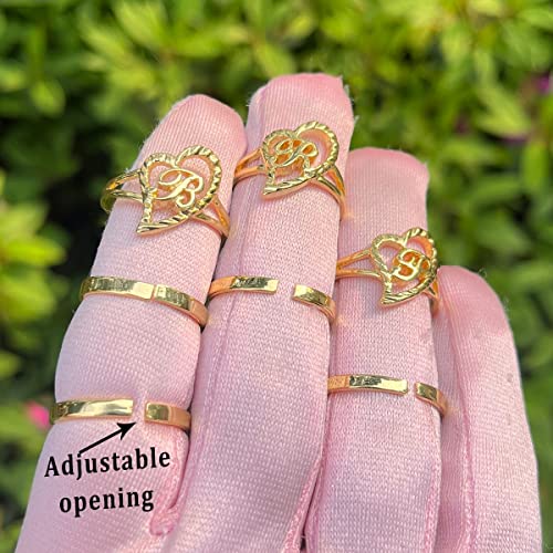 SPRING YOW 26 Initials Heart Ring Gold Plated & Rose Gold Jewelry For Women Adjustable Rings Mother Day - L - Rose Gold - Resizable