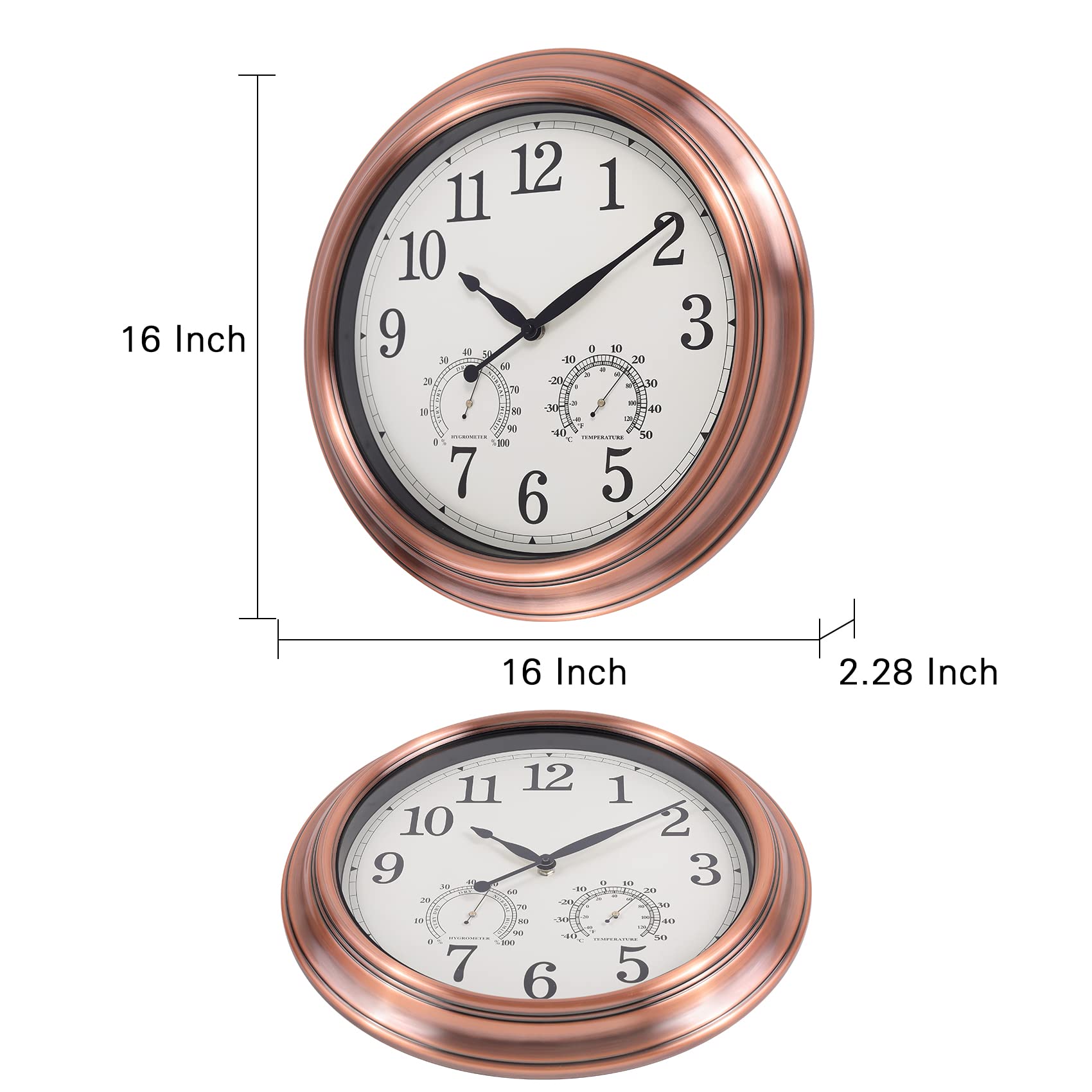 Vigorwise 16 inch Outdoor Wall Clock, Metal Waterproof Wall Clock with Temperature & Humidity, Large Non-Ticking Wall Clocks, Silent Wall Clock for Patio Garden Bathroom