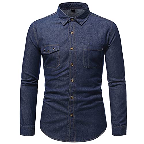 Mens Denim Shirts Vintage Long Sleeve Soft Cotton Pocket Button Up Jeans Shirt Streetwear C214-Light Blue 3XL