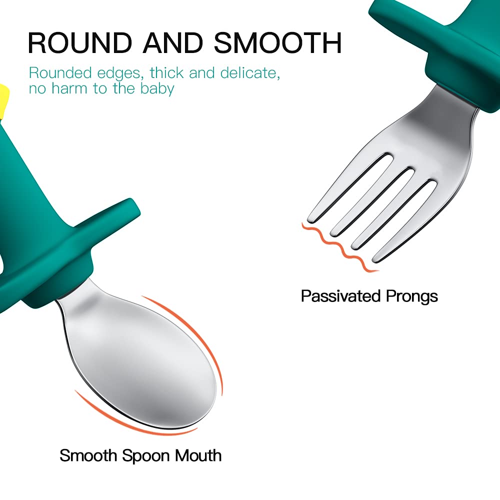 SFCCMM Toddler Utensils Stainless Steel Forks and Spoons Safe Children's Cutlery Set Handle Cartoon Cute for Baby (Green Dinosaur - Short)