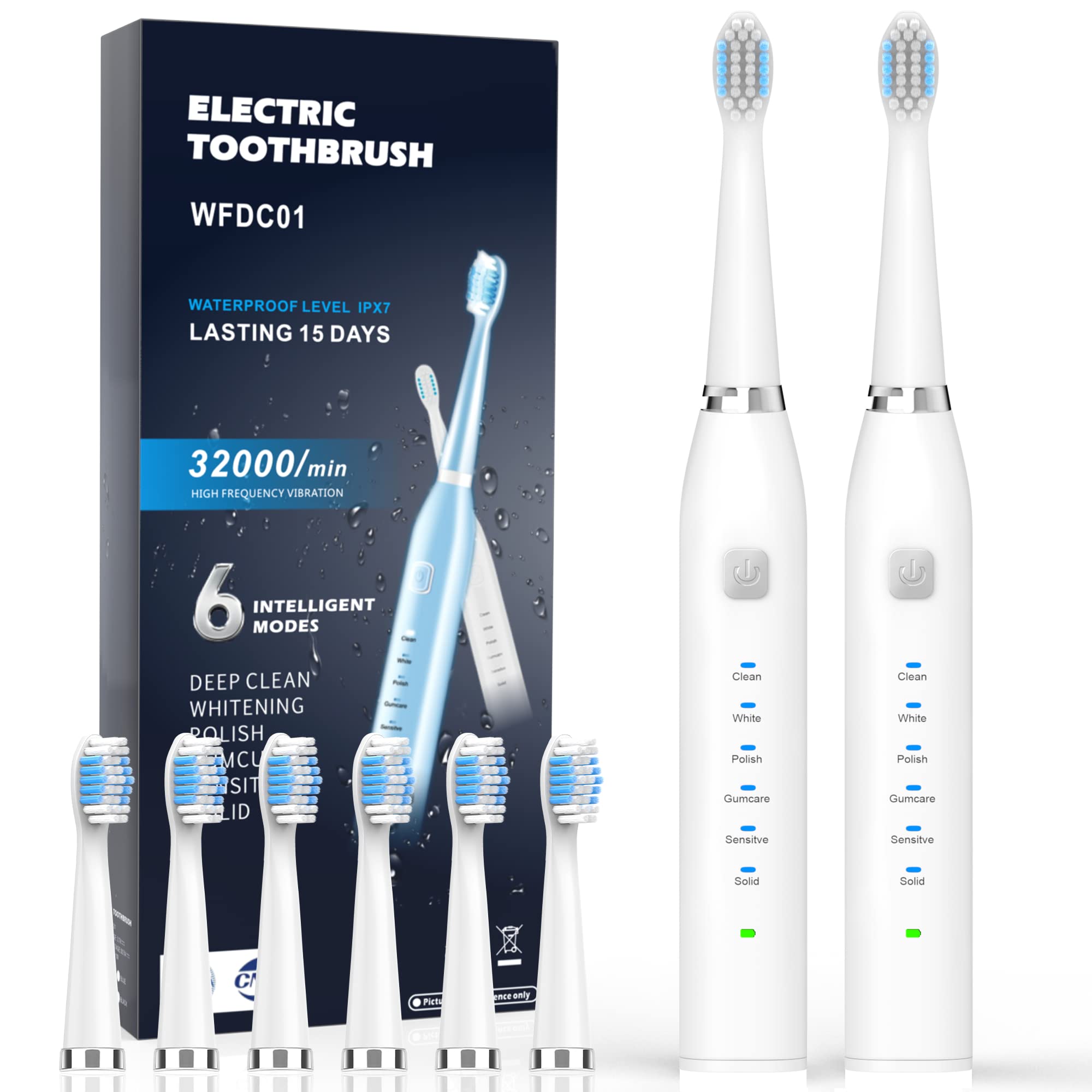VDTG 2pcs White Electric Toothbrush, Adult Rechargeable Toothbrush, 6 Optional Modes and 2-Minute Built-in Timer, Waterproof Function, USB Fast Charging