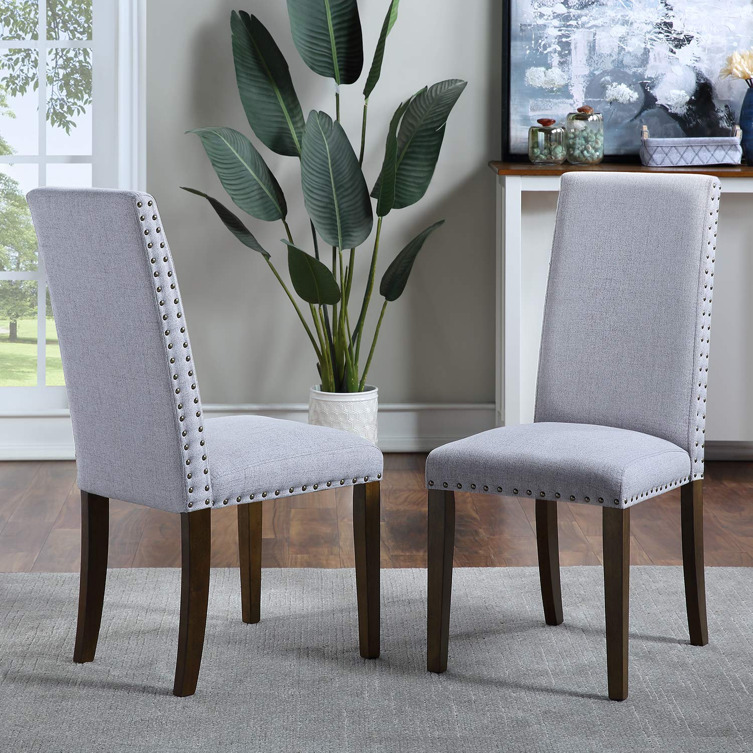 Merax Dining Chairs Set of 2, Fabric Dining Chairs with Copper Nails and Solid Wood Legs (Grey, Set of 2)