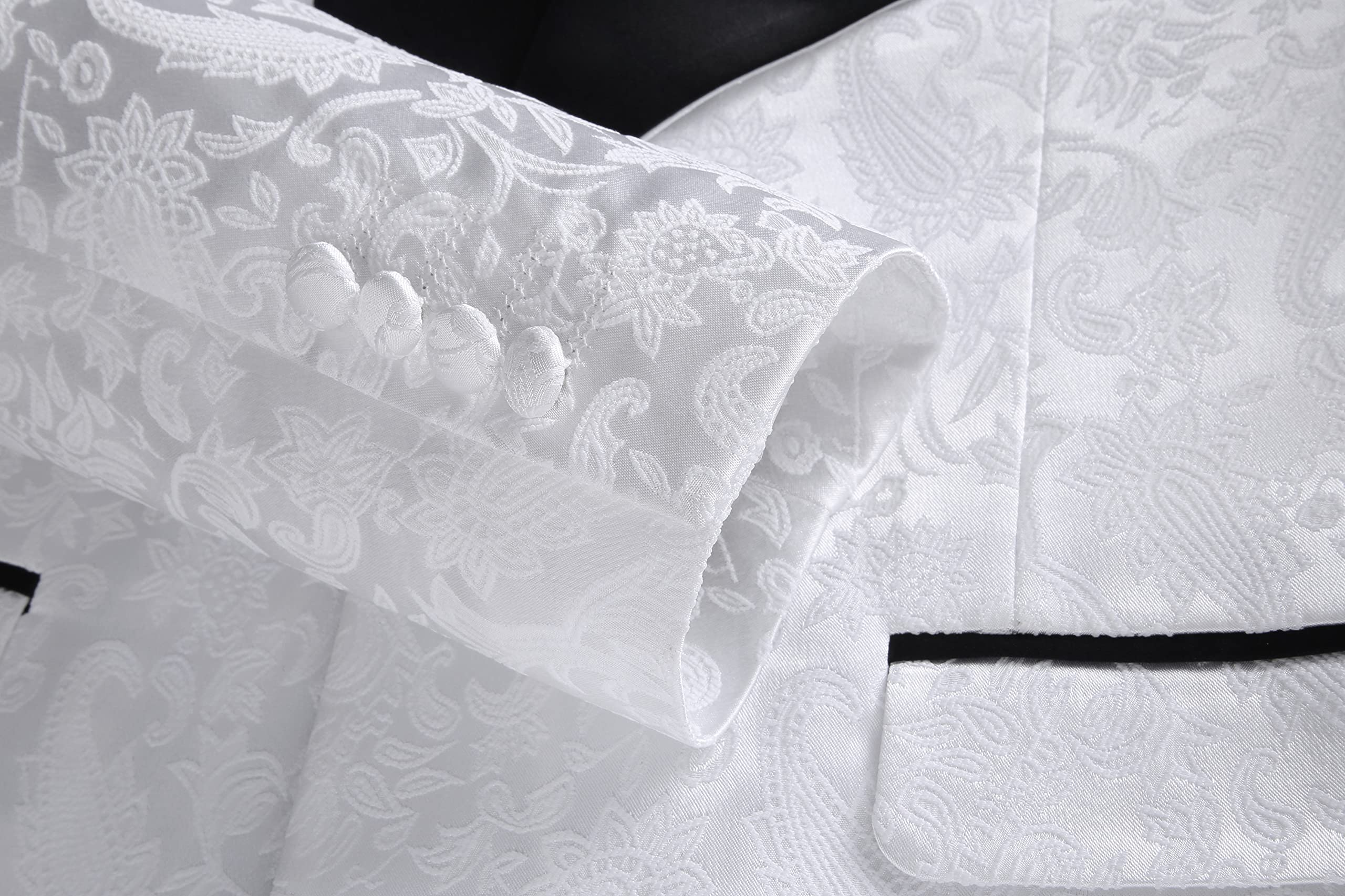 MOGU Mens 3 Piece Tuxedo Slim Fit Jacquard Floral Vintage Groomsmen Wedding Prom Suit Blazre 34 / Pants 31 White