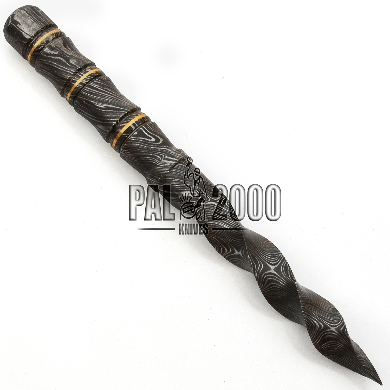 PAL 2000 KNIVES DAG-9815 Custom Handmade Damascus Steel Fixed Blade Hunting Tri Edge Spiral Kris Dagger Knife Cyclone Tri Blades knife with Sheath 10 Inch Full Tang