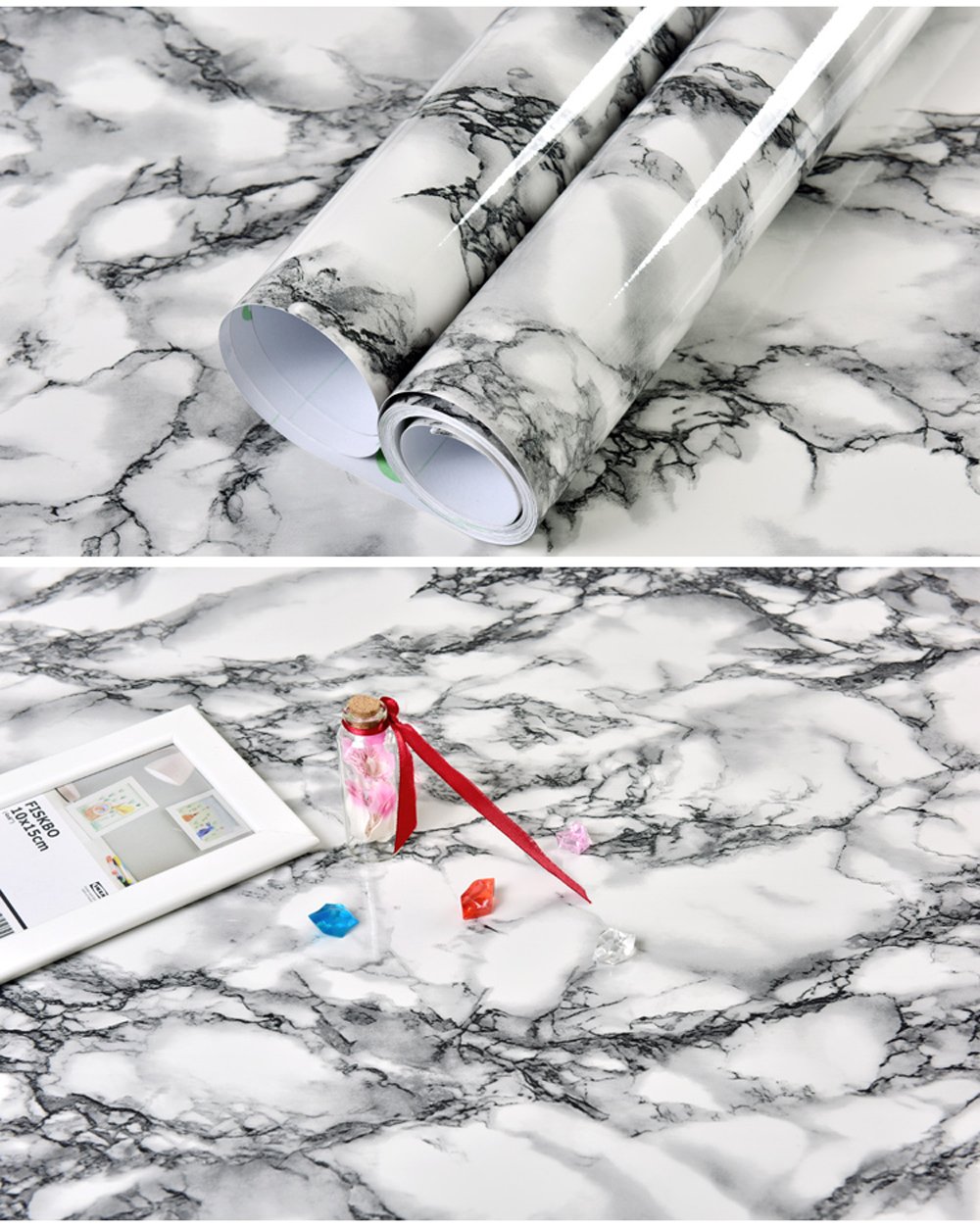 Self Adhesive Black White Gloss Marble Vinyl Shelf Liner Wall Paper for Kitchen Countertop Cabinets Backsplash Wall Crafts Projects (24 by 117 Inches)