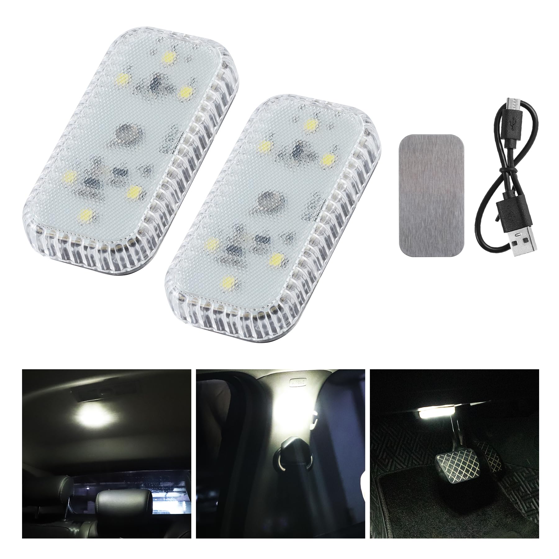 LivTee 2PCS Wireless Small Car LED Lights Interior, USB Rechargeable Car Interior Led Night Light for Car Decor, Car Accessories for Men and Woman (White)
