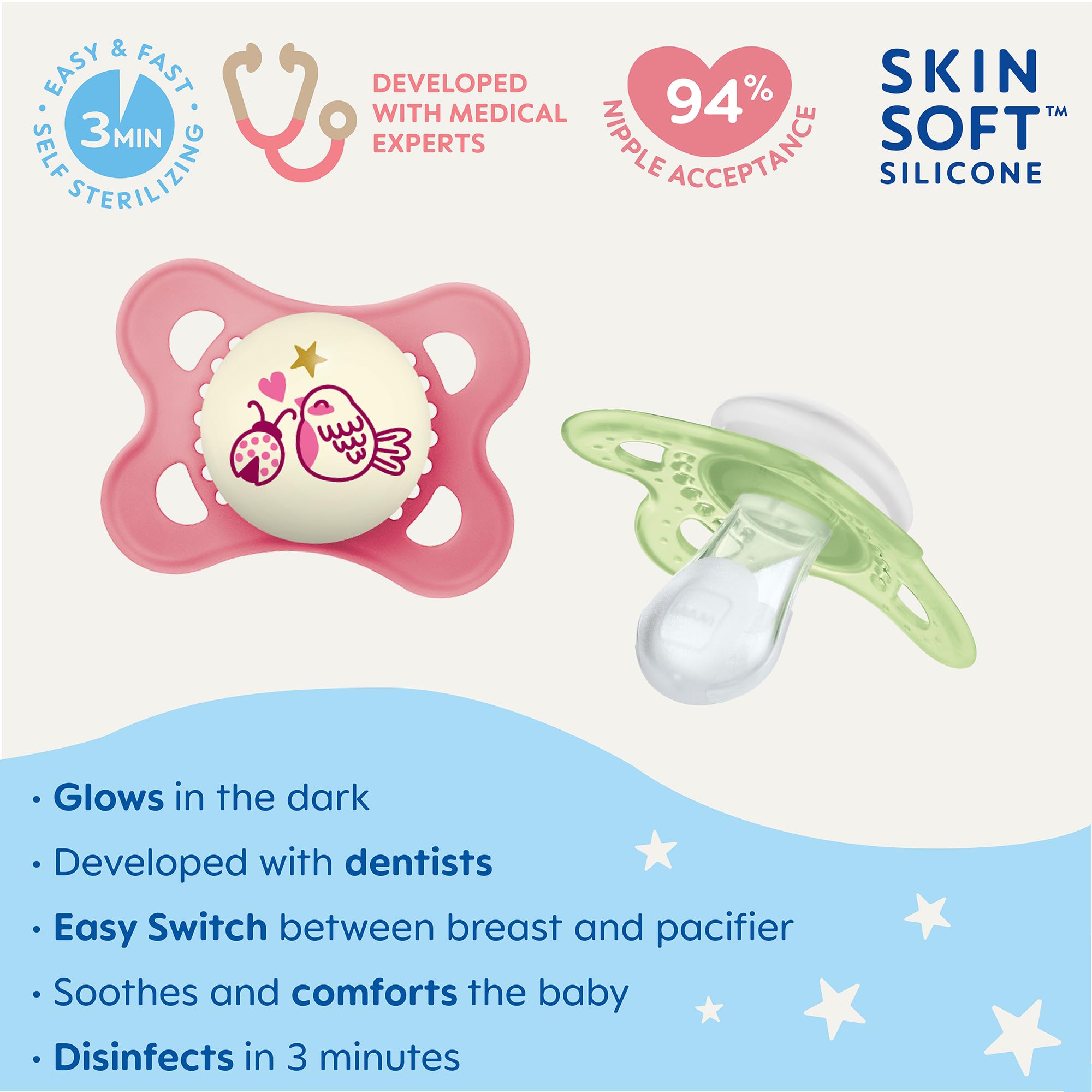MAM Night Pacifiers (2 Pack, 1 Sterilizing Pacifier Case), MAM Pacifiers 0-6 Months, Best Pacifier for Breastfed Babies, Glow in the Dark Pacifier, Baby Girl Pacifier
