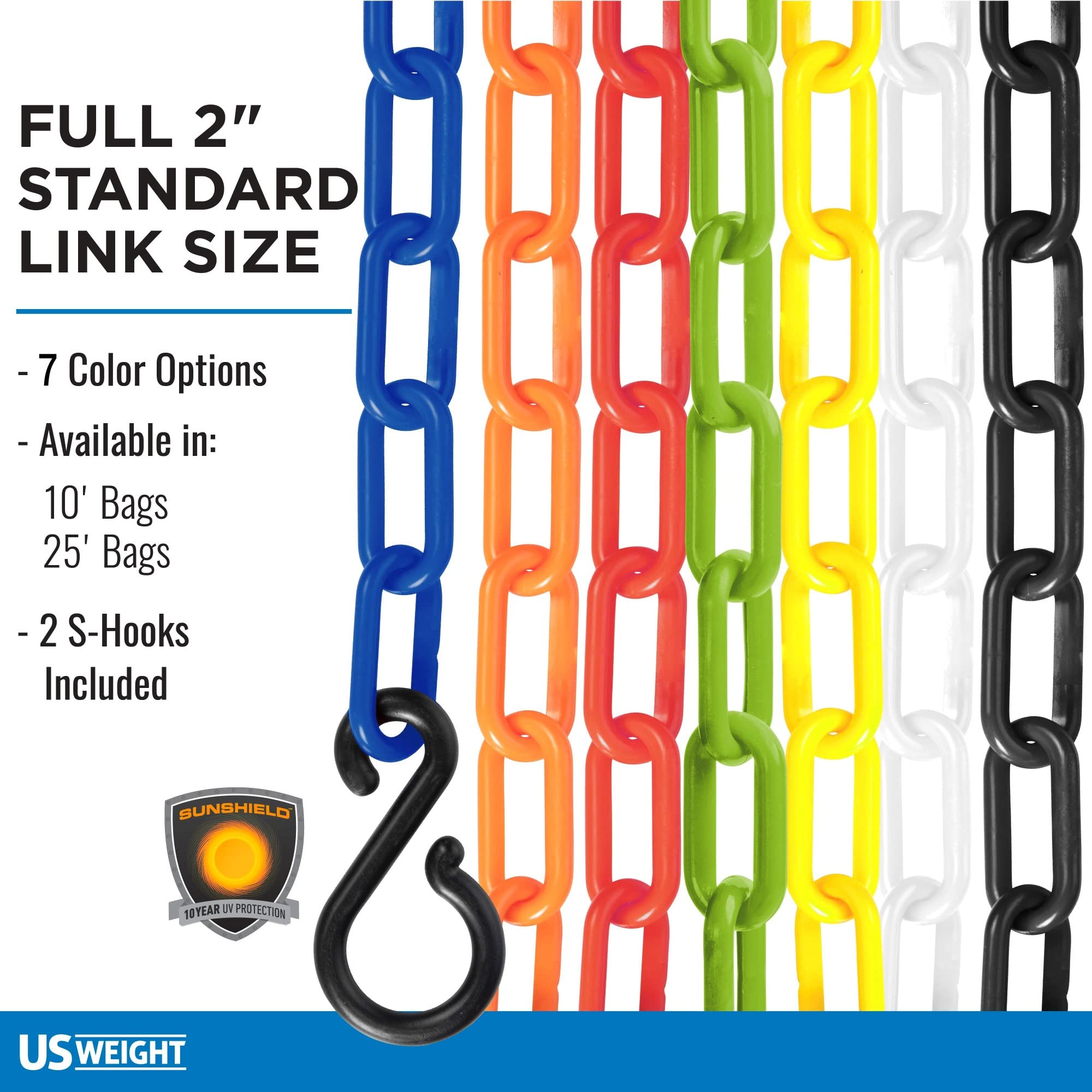 US Weight 2" x 25' Safety Green Plastic Chain with SunShield UV Resistant Technology - Durable Plastic Chain Links for Safety Chain Applications - Made in USA