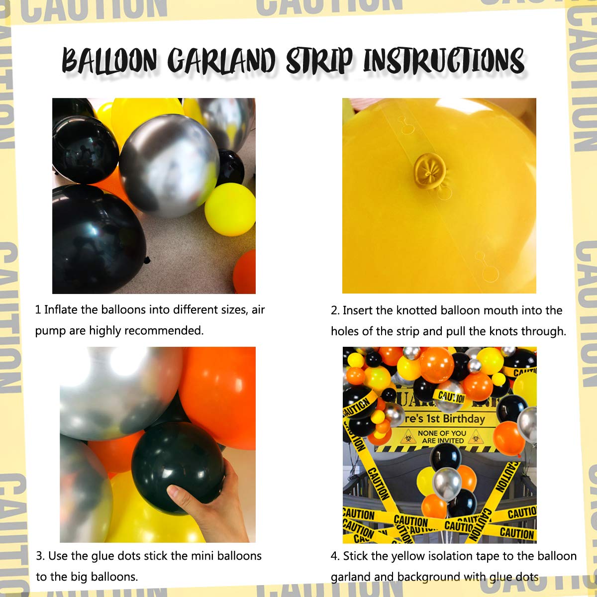 Quarantine Balloon Garland & Arch Kit, 74 Pack 12Inch 5Inch Black, Orange, Yellow, Silver Latex Balloons Strip Set with Caution Tape for Quarantine Birthday Party Decorations Construction