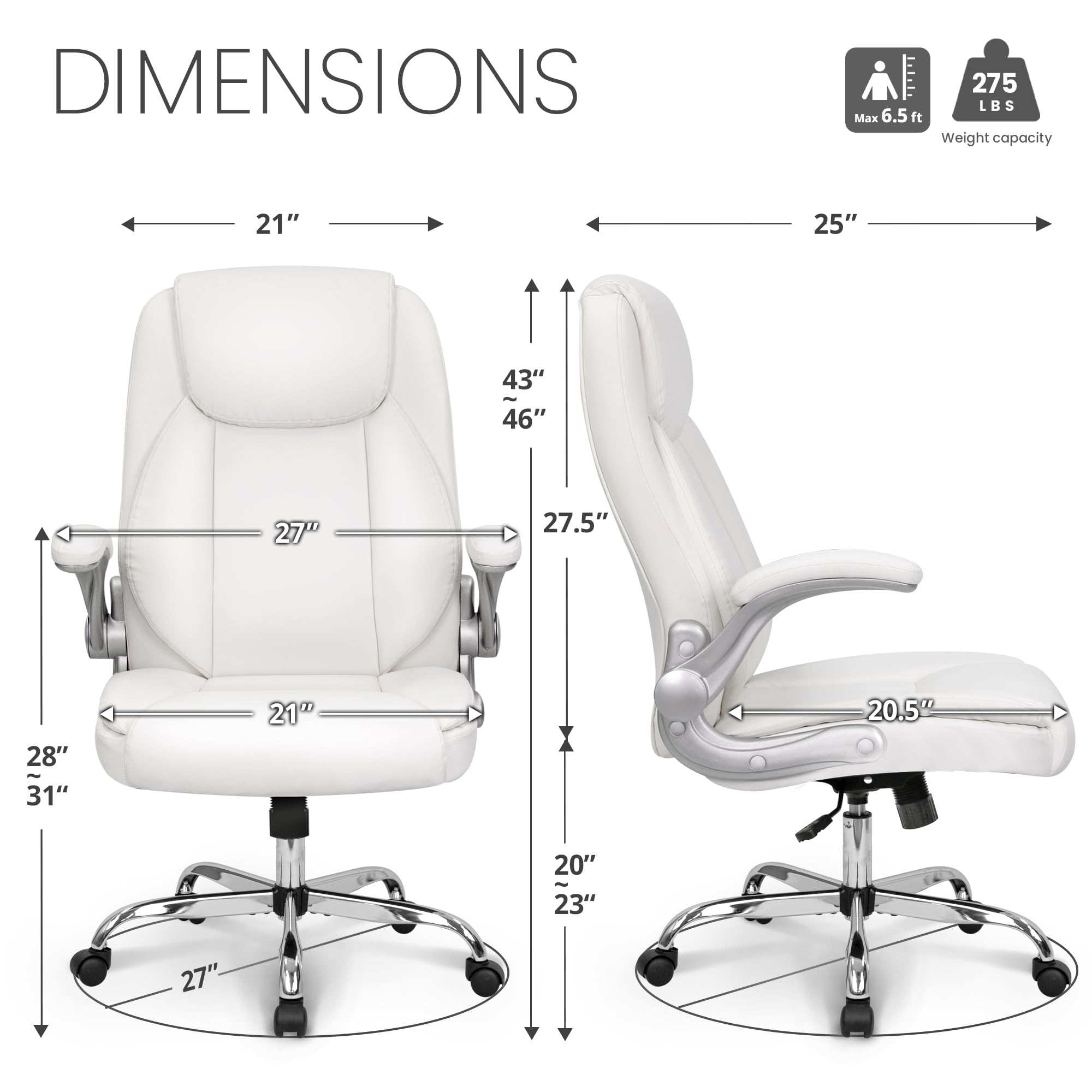NEO CHAIR Ergonomic Office Chair PU Leather Executive Chair Padded Flip Up Armrest Computer Chair Adjustable Height High Back Lumbar Support Wheels Swivel for Gaming Desk Chair (White)