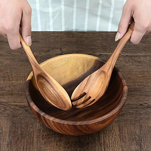 MEGIMA Spoons, Large Wooden Spoon Set, Big Salad Serving Spoon Fork Natural Wood Tablespoon Long Handled Cooking Spoon, Kitchen Utensils
