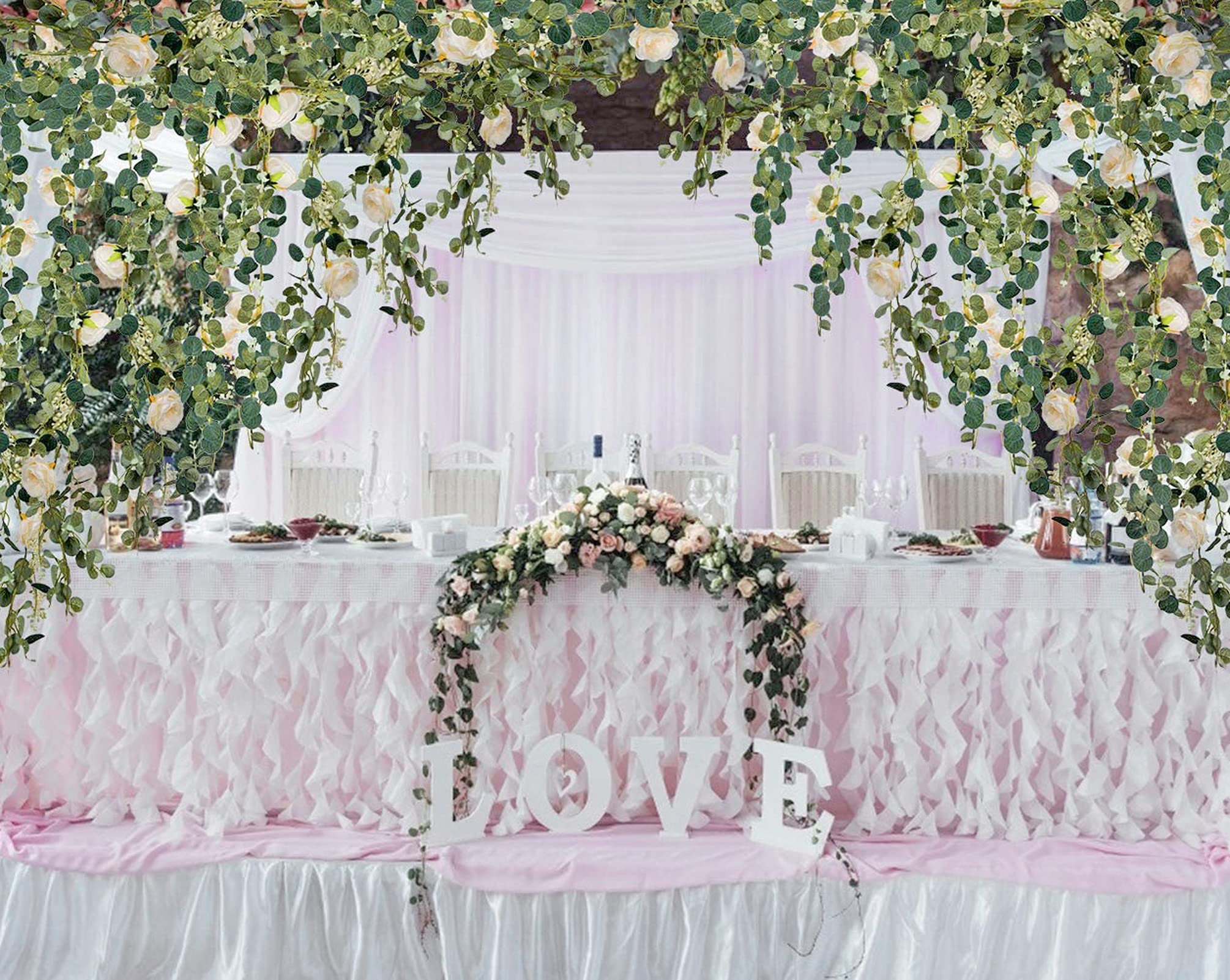 Miracliy 2 Pack 13FT Artificial Eucalyptus Garland with Champagne Roses Flower Vine Eucalyptus Greenery Garland for Weddings and Parties