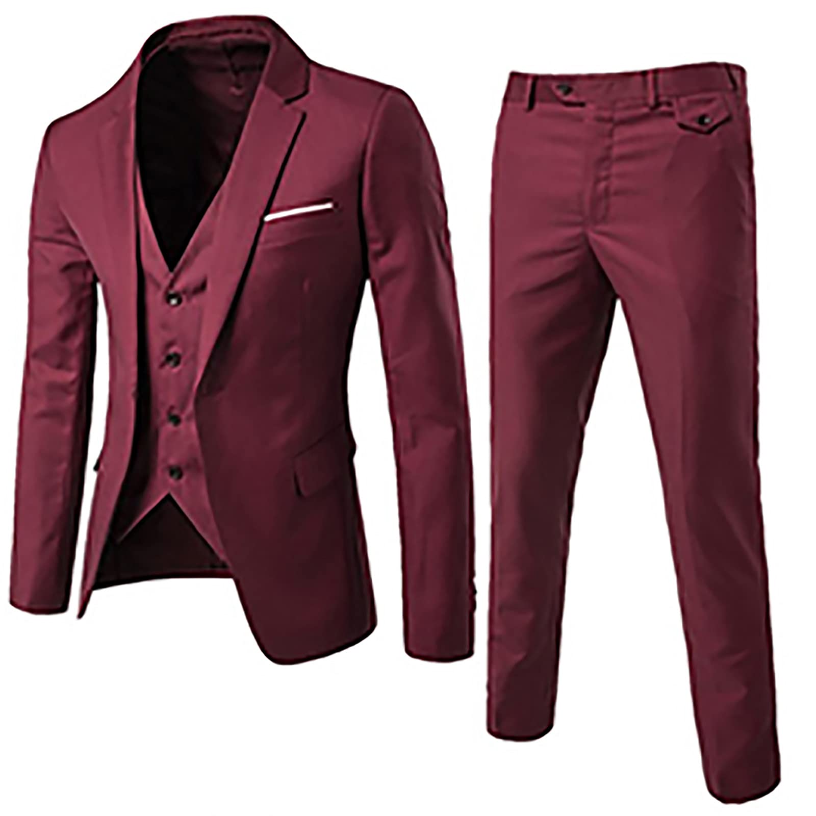 Mens Suits,Men's 3 Piece Slim Fit Suit Set 2 Button Blazer Jacket Vest Pants Solid Wedding Dress Tux and Trousers Wine Red