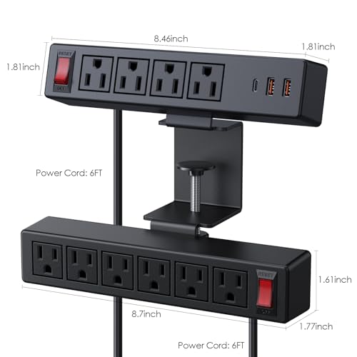 VILONG Desk Clamp Power Strip with USB, 2 in 1 Dual Layer Desktop Edge Power Strip, Removable Clamp Power Socket with 10AC Outlets & Switch, 6ft Extension Cord(Black)