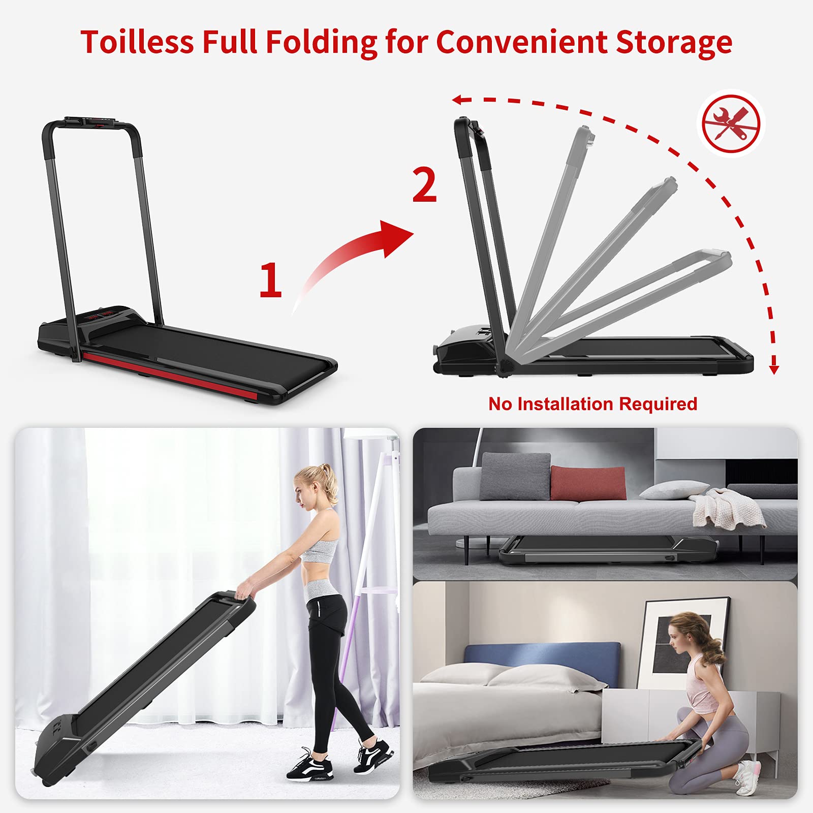 Nattork 2 in 1 Folding Treadmill for Home Under Desk Electric Treadmill Workout Foldable Running Machine Portable Compact Treadmill for Running and Walking Exercise 2.25HP