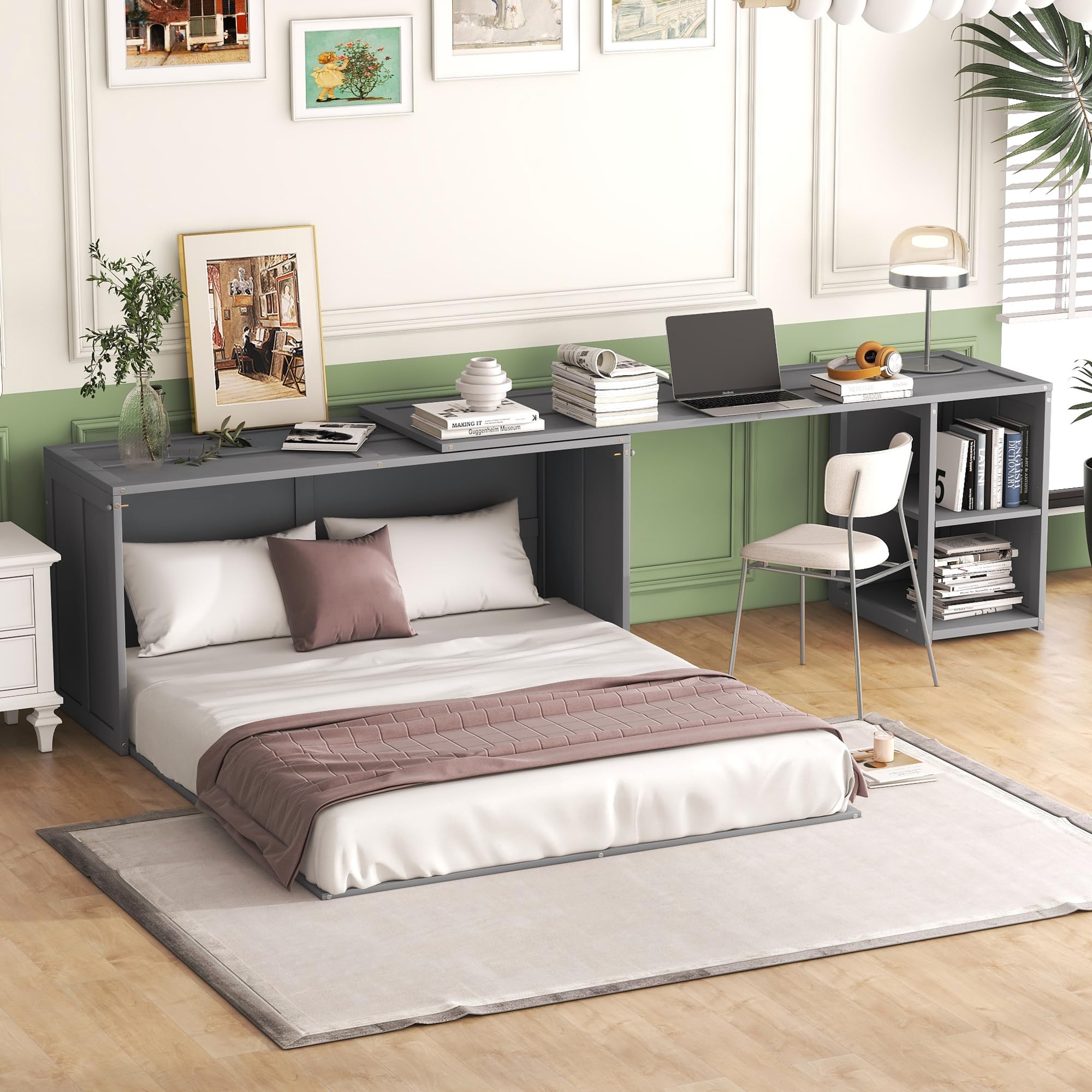 Melpomene Queen Size Murphy Cube Cabinet Bed with Rotable Desk, Wood 65-inch Space-Saving Bed Chest with Side Little Shelves for Guest Room Home Office